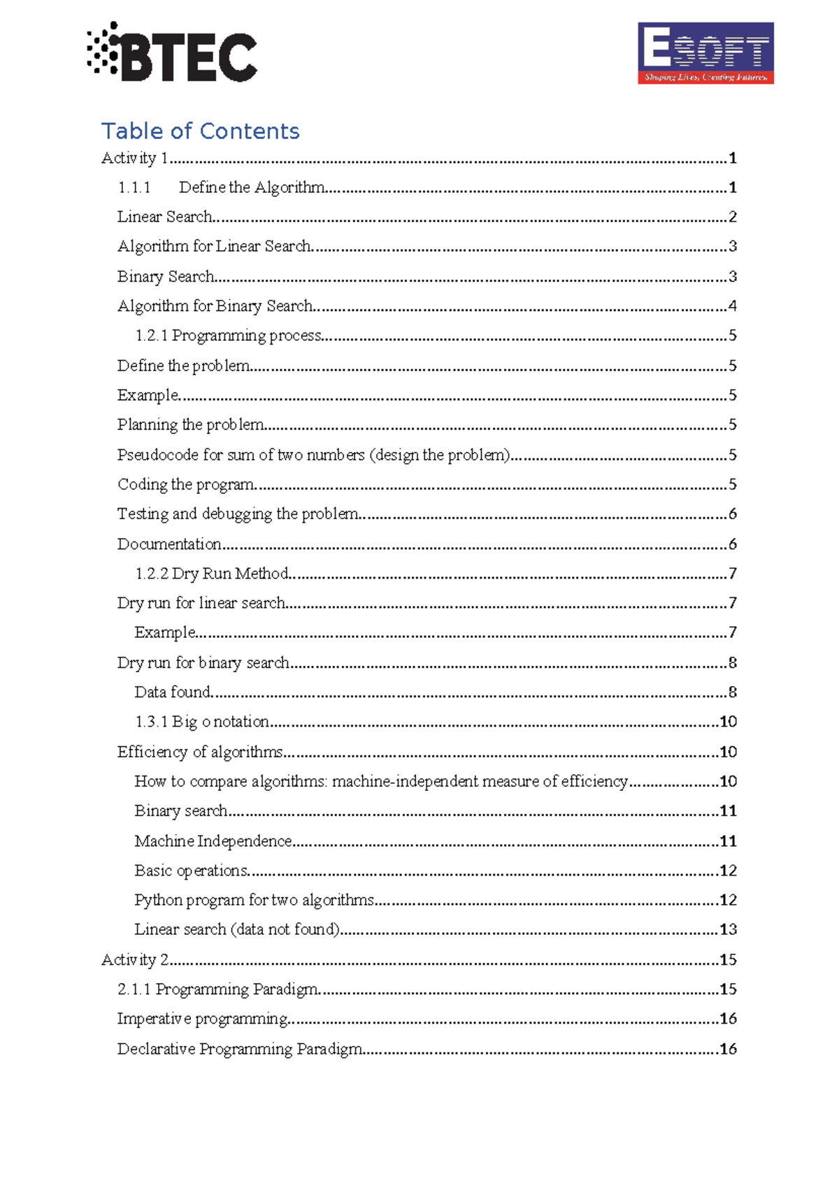 Programming assignment 2145655656 - Table of Contents Activity - Studocu