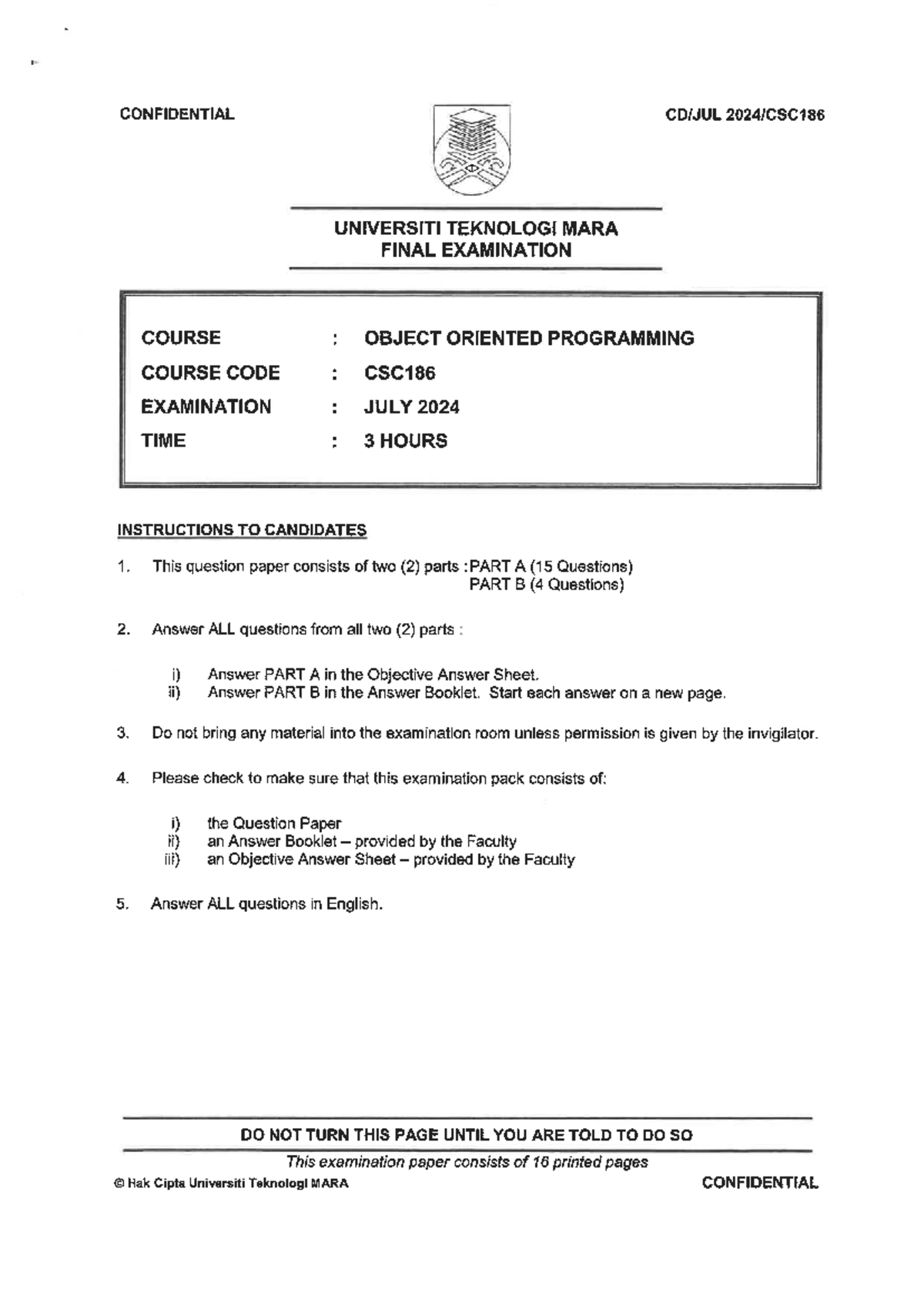 CSC186 Final Exam - Object Oriented Programming July 2024 - Studocu
