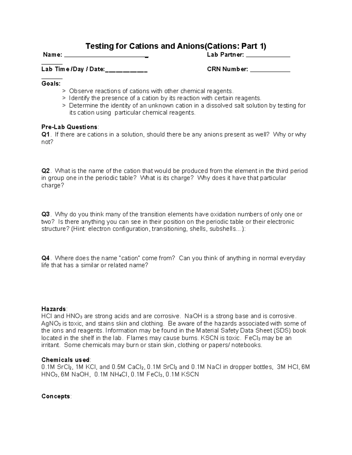 Laboratory Experiment: Testing for Cations in Ionic Solutions - Testing ...
