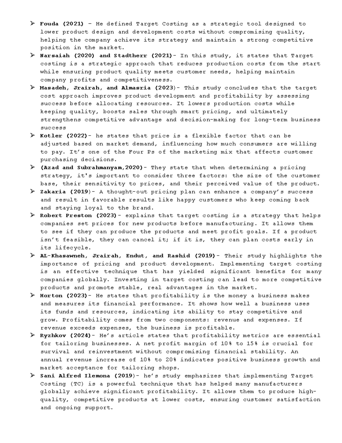 RRL Summary: Insights on Target Costing in Competitive Strategy - Studocu