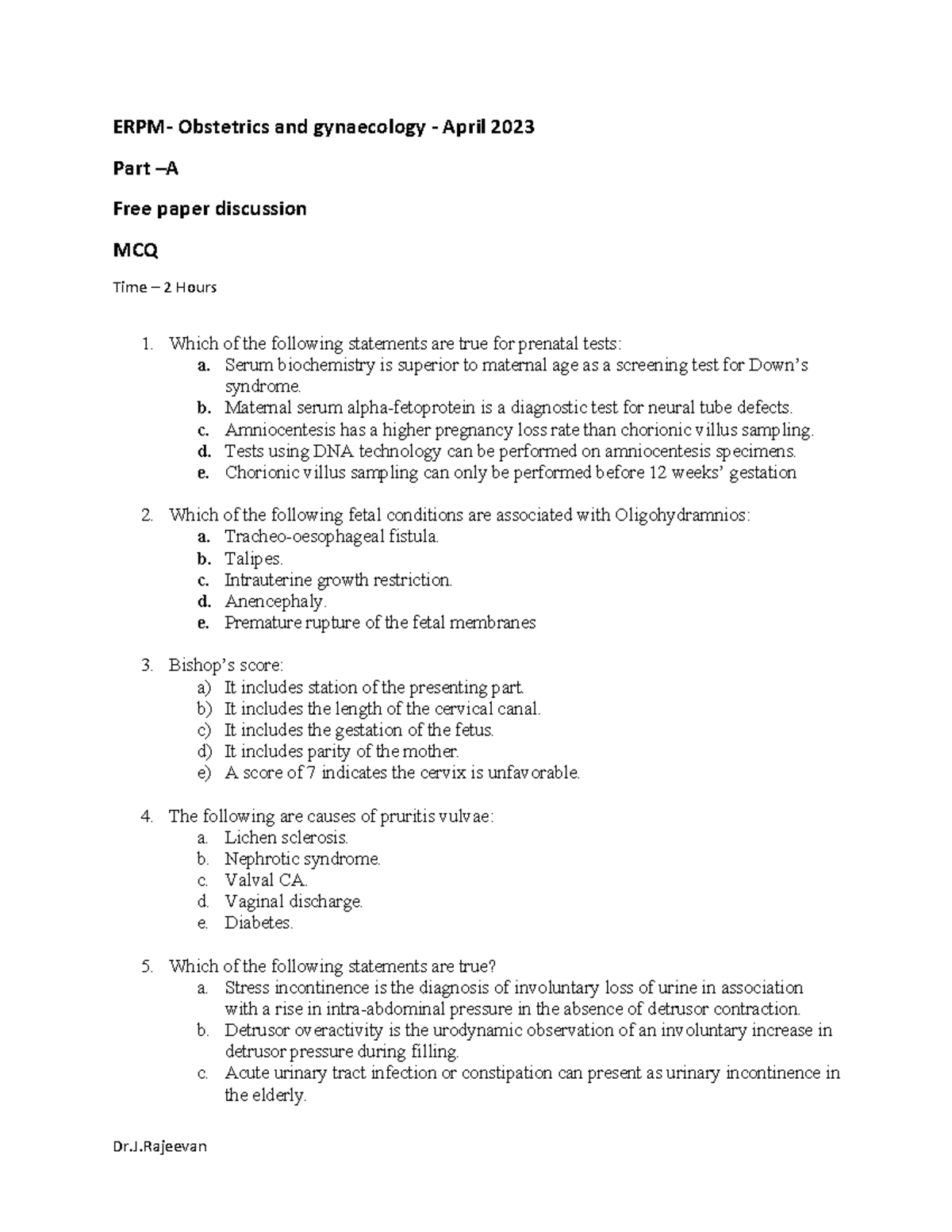 Obstetrics and Gynaecology MCQ Discussion - April 2023 Free Paper - Studocu