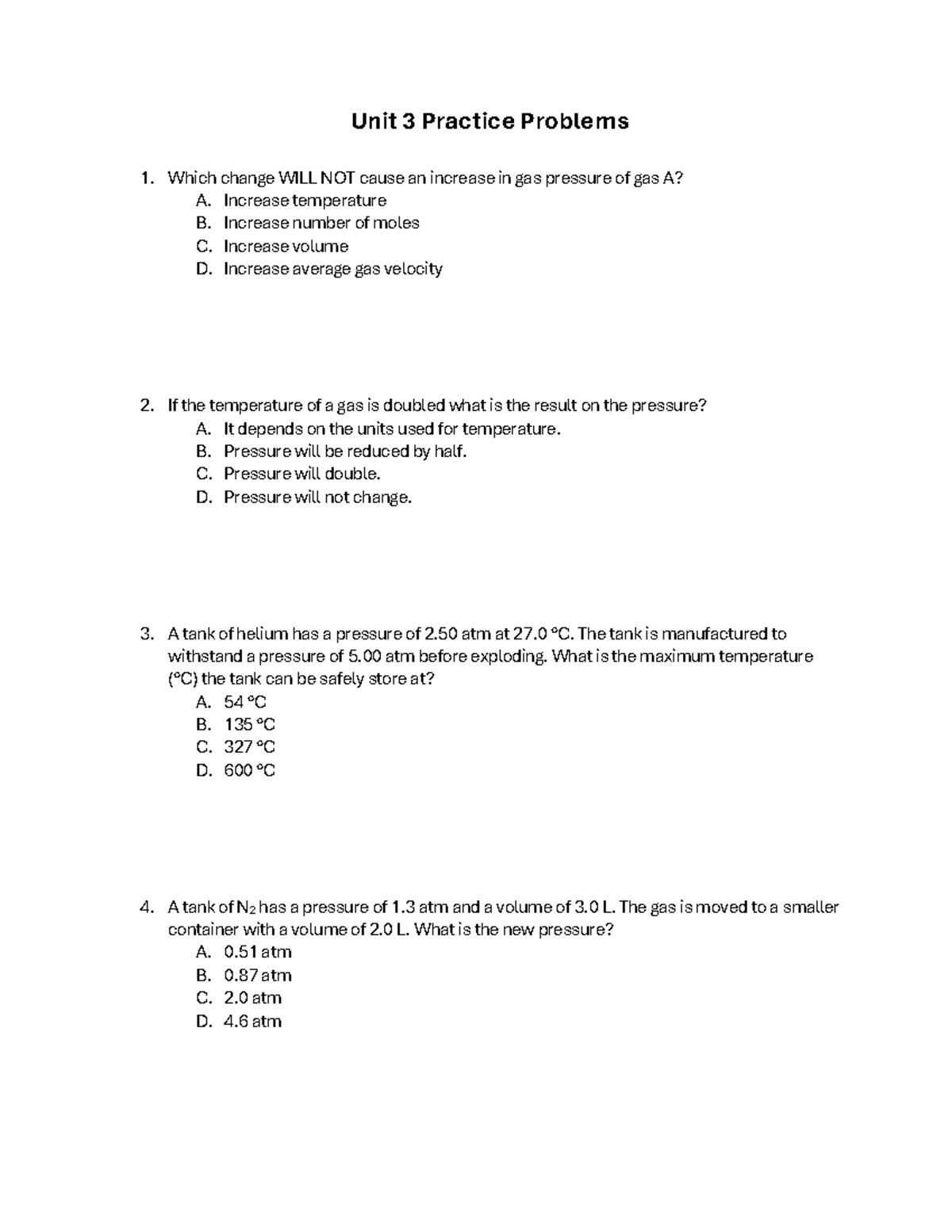 Unit 3 Gas Laws Practice Problems and Solutions - Studocu