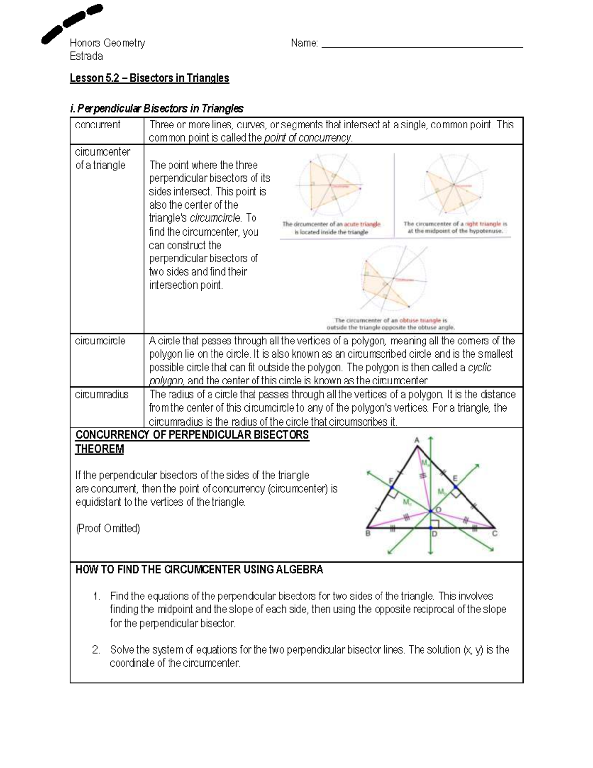 Honors Geometry Estrada: Lesson 5.2 - Bisectors in Triangles - Studocu