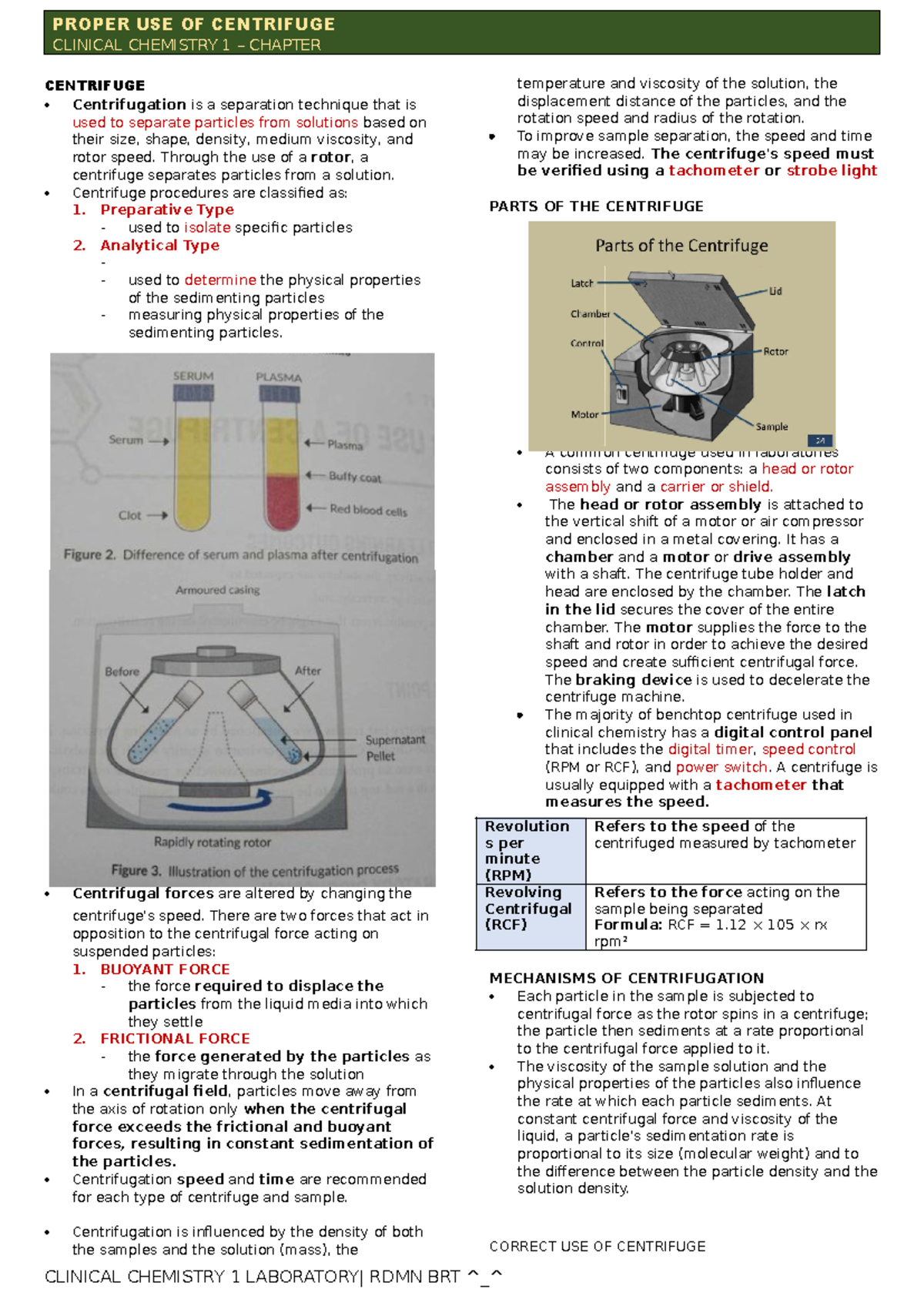 Chapter 2 Proper USE OF Centrifuge - CC1 LAB - ^_^ PROPER USE OF CENTRIFUGE CLINICAL CHEMISTRY 1 ...