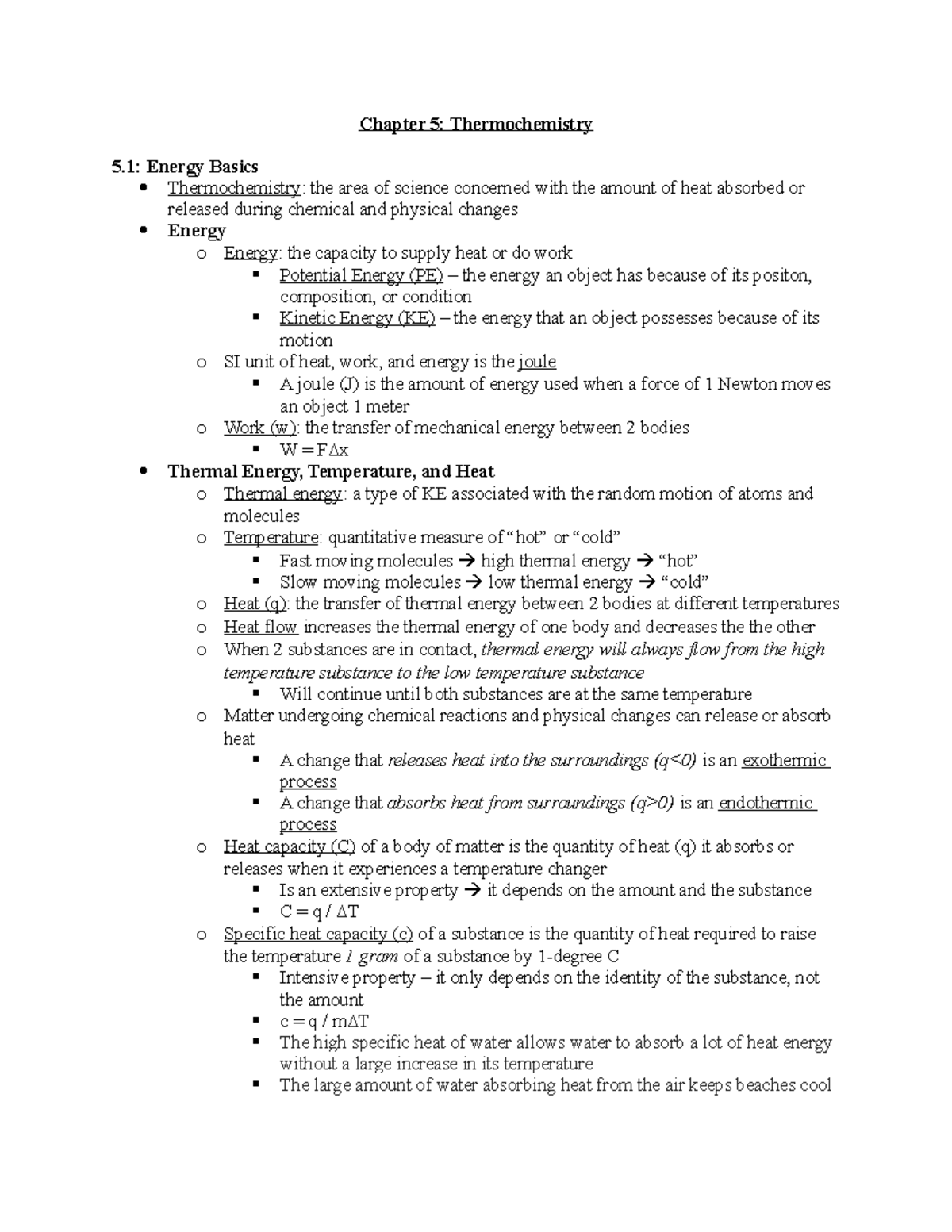 Thermochemisry - Chapter 5 Notes - Chapter 5: Thermochemistry 5: Energy ...