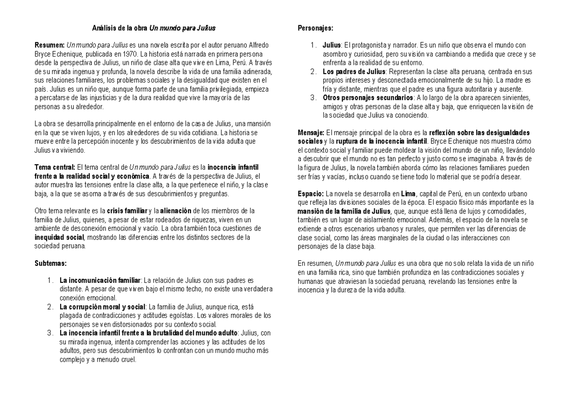 Análisis de "Un mundo para Julius": Temas y Personajes Clave - Studocu
