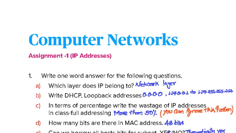 Computer Networks Assignment (CN) 1 Solutions on IP Addresses - Studocu