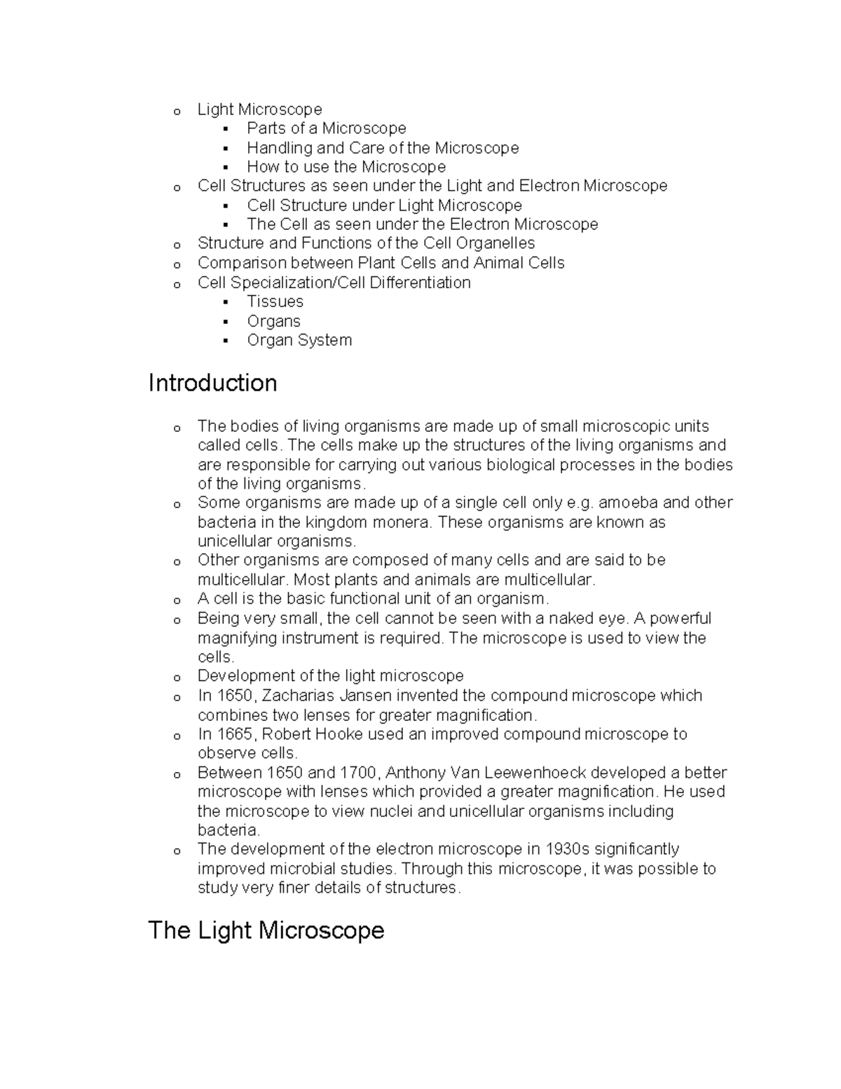 Light Microscope - o Light Microscope Parts of a Microscope Handling ...