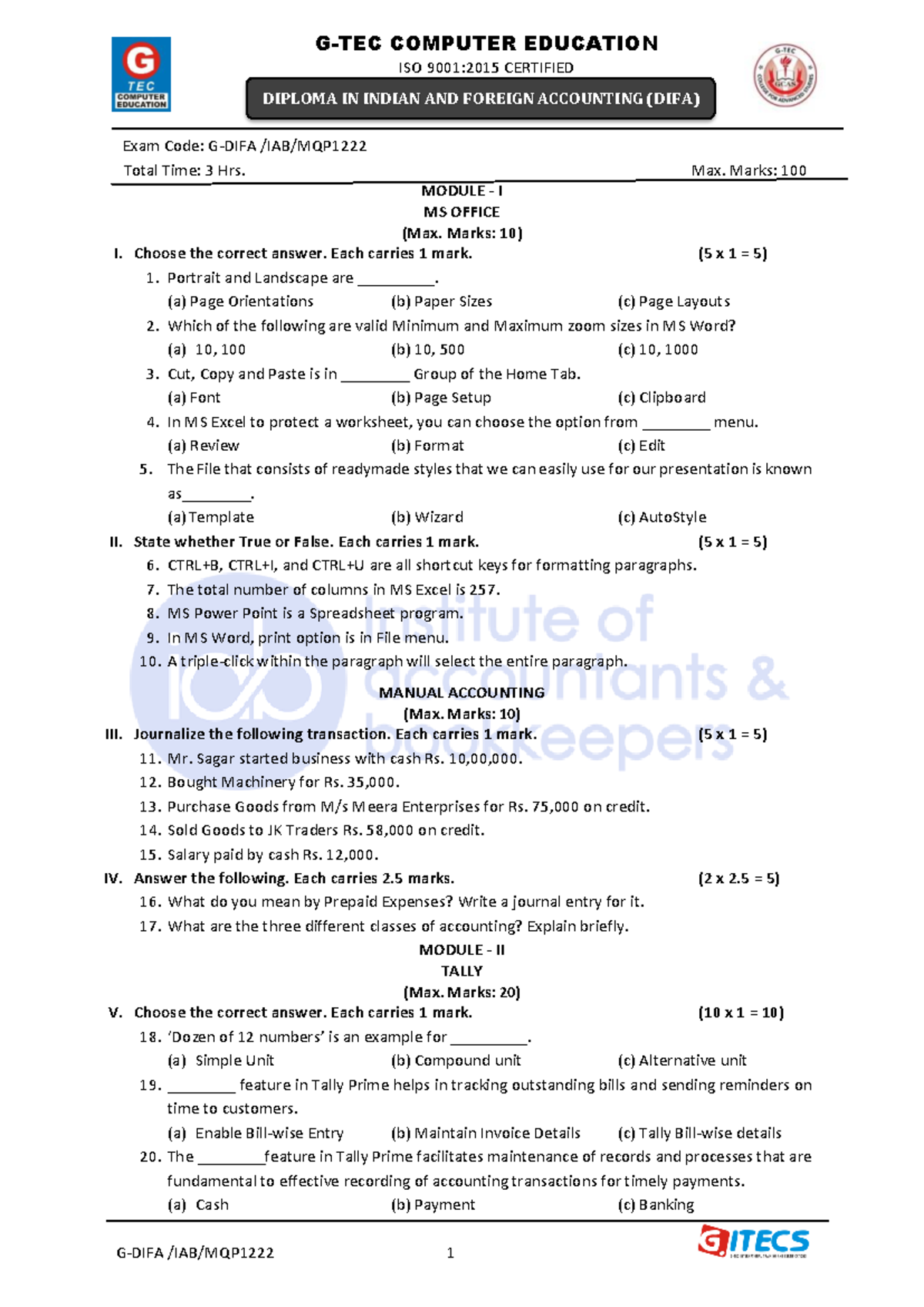 IAB-DIFA MQP DEC22 - Accounting Exam Question Paper - Studocu