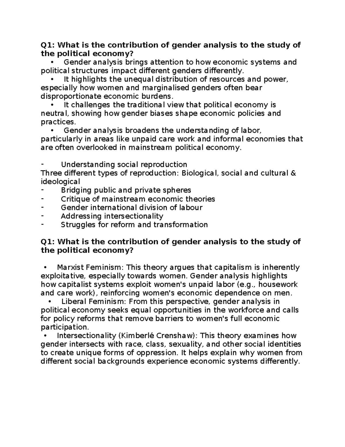 PE OF IR T7: Gender Analysis in Political Economy and Housework - Studocu