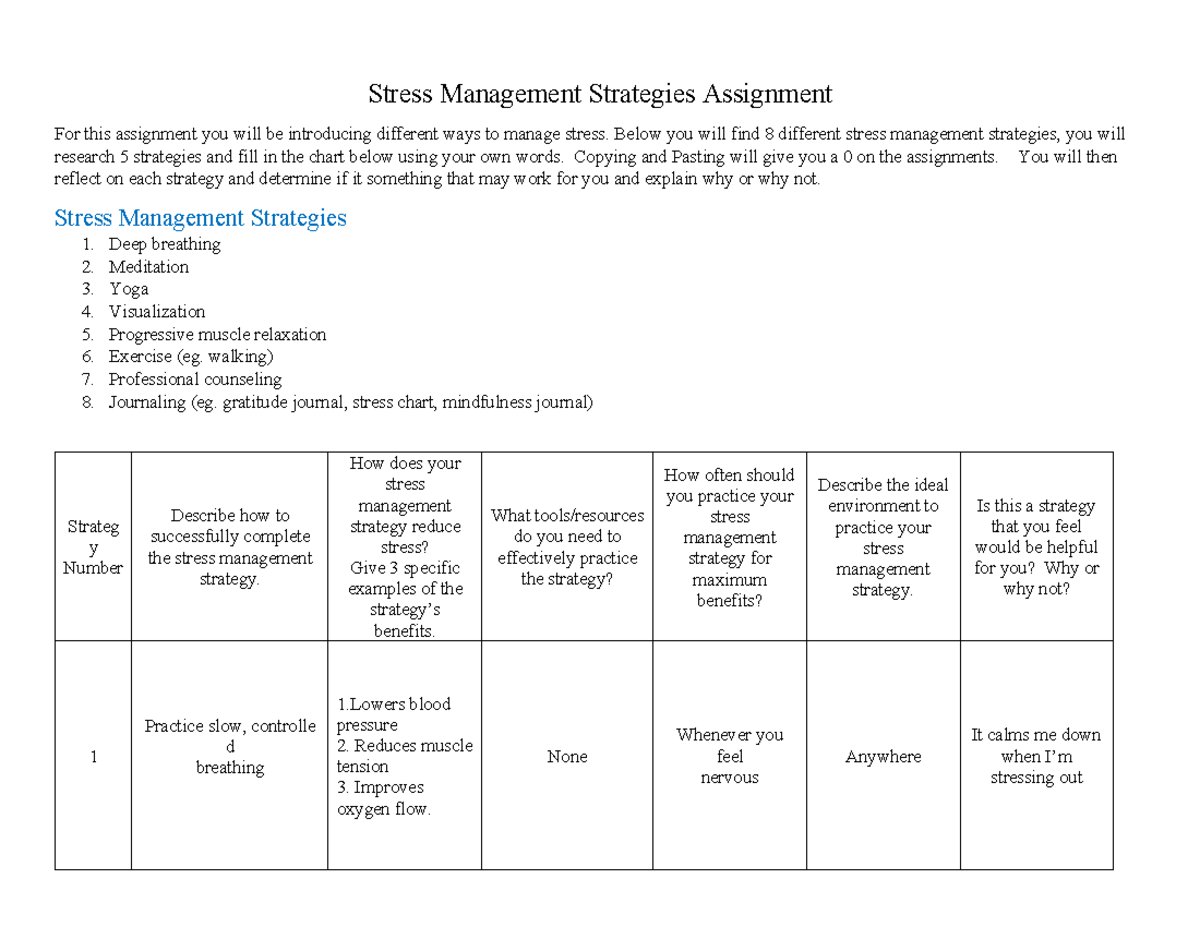 Stress Management Strategies Assignment: Effective Techniques for ...