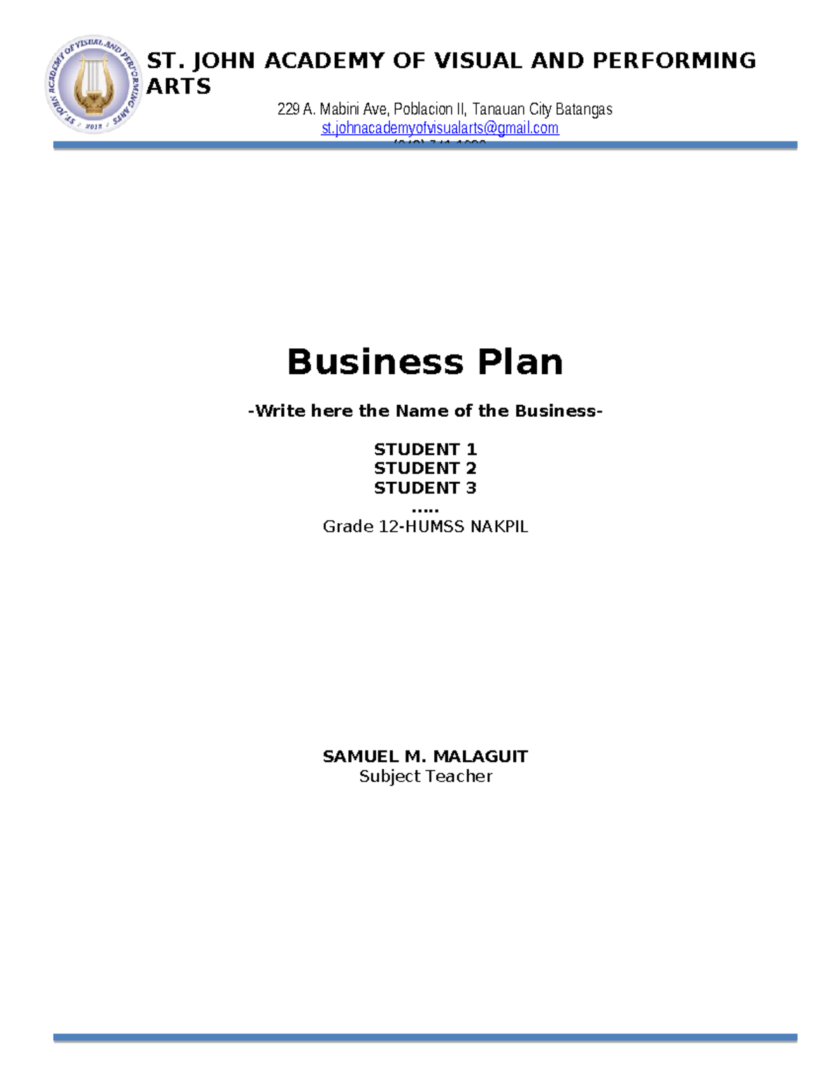 Final Business Plan Template for ARTS 12-HUMSS NAKPIL Students - Studocu