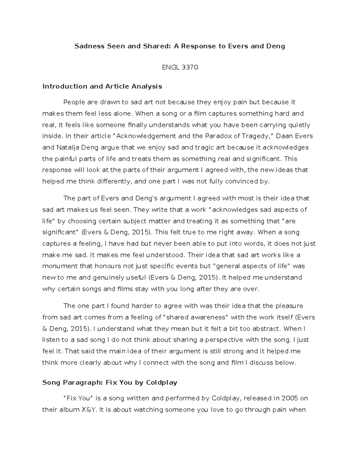 Response to Evers and Deng on Sad Art: ENGL 3370 Essay Analysis - Studocu