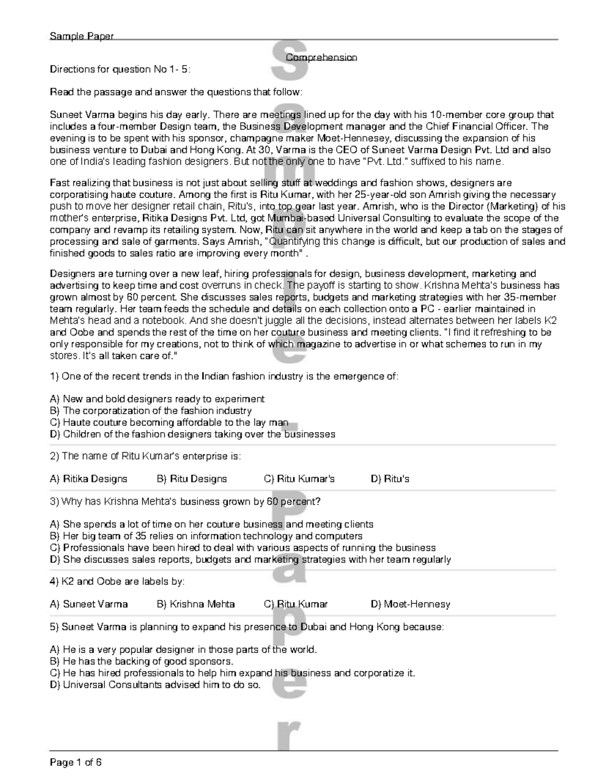 7225 Snusat Sample Paper - Comprehension Directions for question No 1 ...