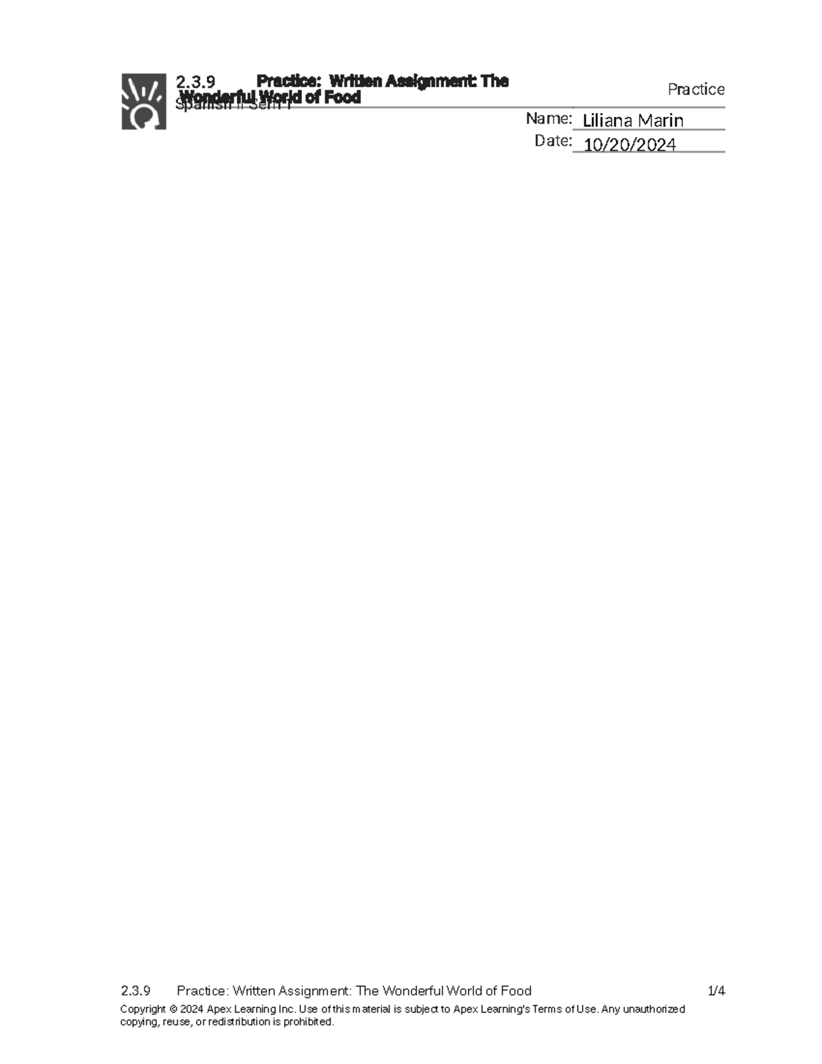 Spanish II Sem 1: Practice Written Assignment on The World of Food ...