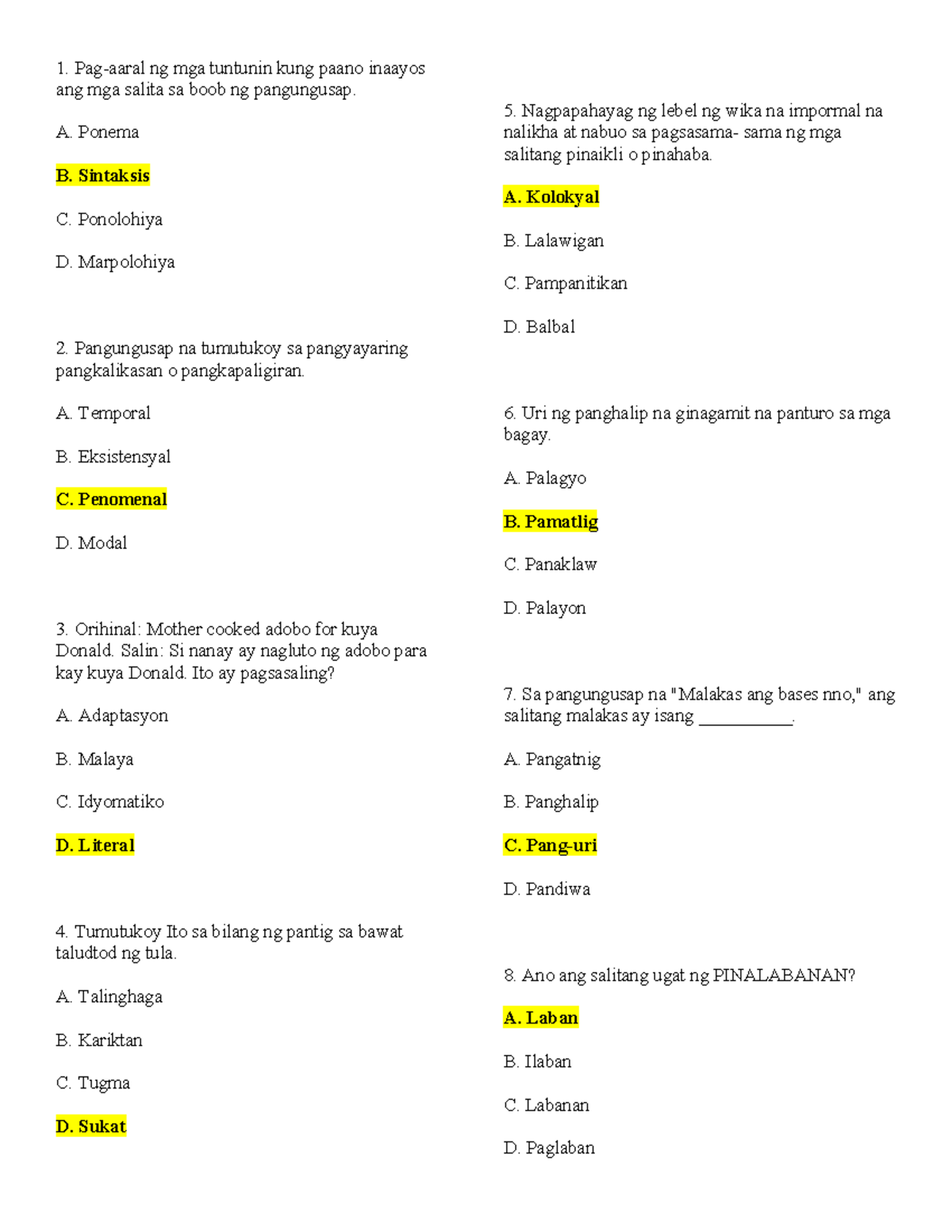 Filipino TEST - Reviewer for Language and Grammar Concepts - Studocu