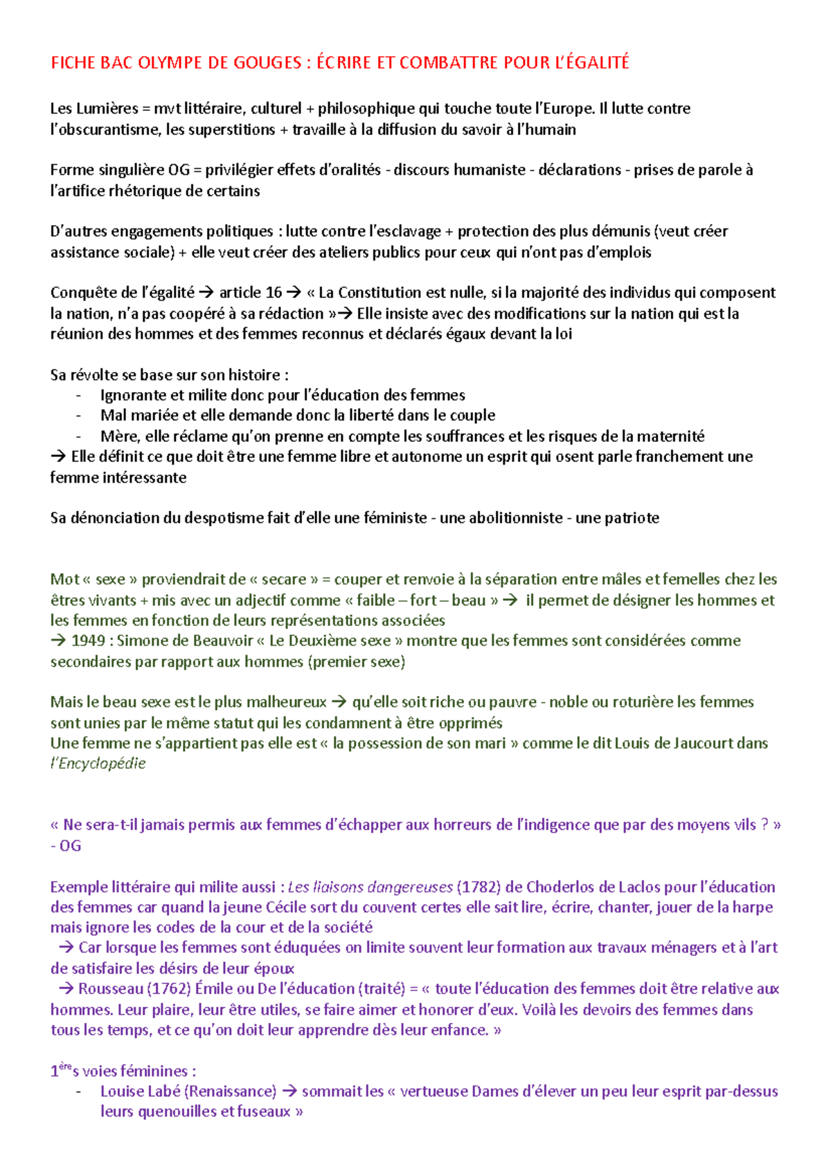 FICHE BAC : Olympe de Gouges, Égalité et Engagement Féministe - Studocu