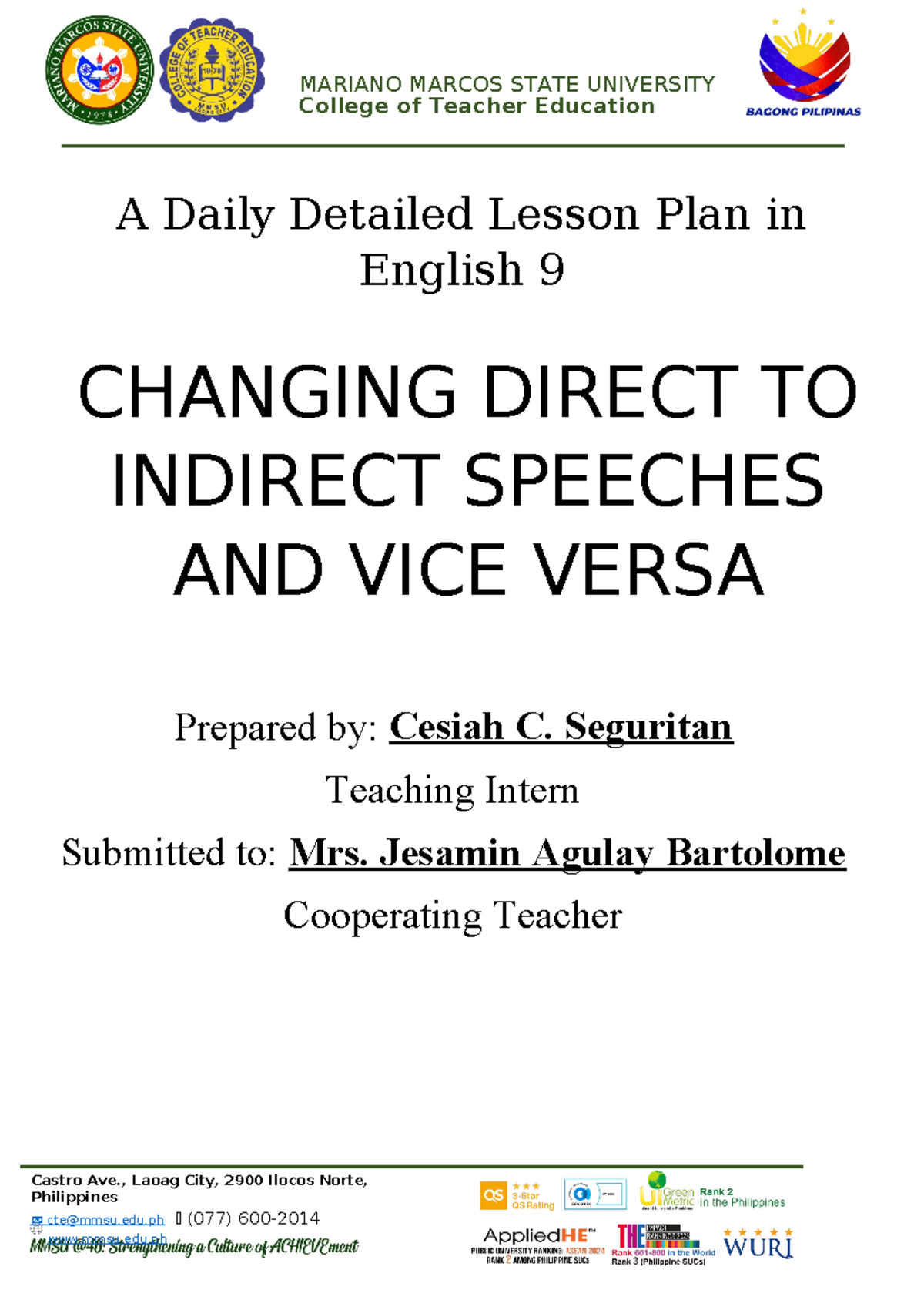 English 9 Detailed Lesson Plan: Changing Direct to Indirect Speech ...