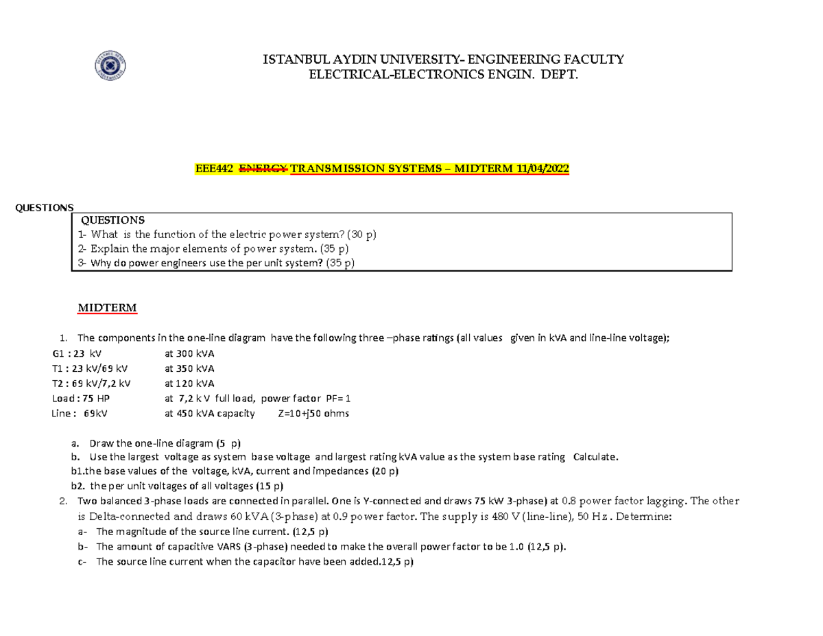 EEE442 Solution of Midterm and Quiz exams 11 04 2022 1 - EEE4 42 ENERGY ...