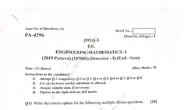 M-I End Sem Exam Question Paper with Solution - Total No. of Questions ...