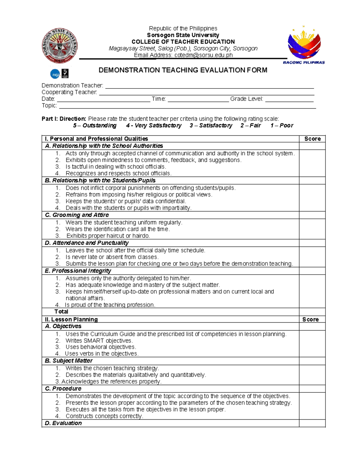 Demo Teaching Evaluation Form - Sorsogon State University - Studocu