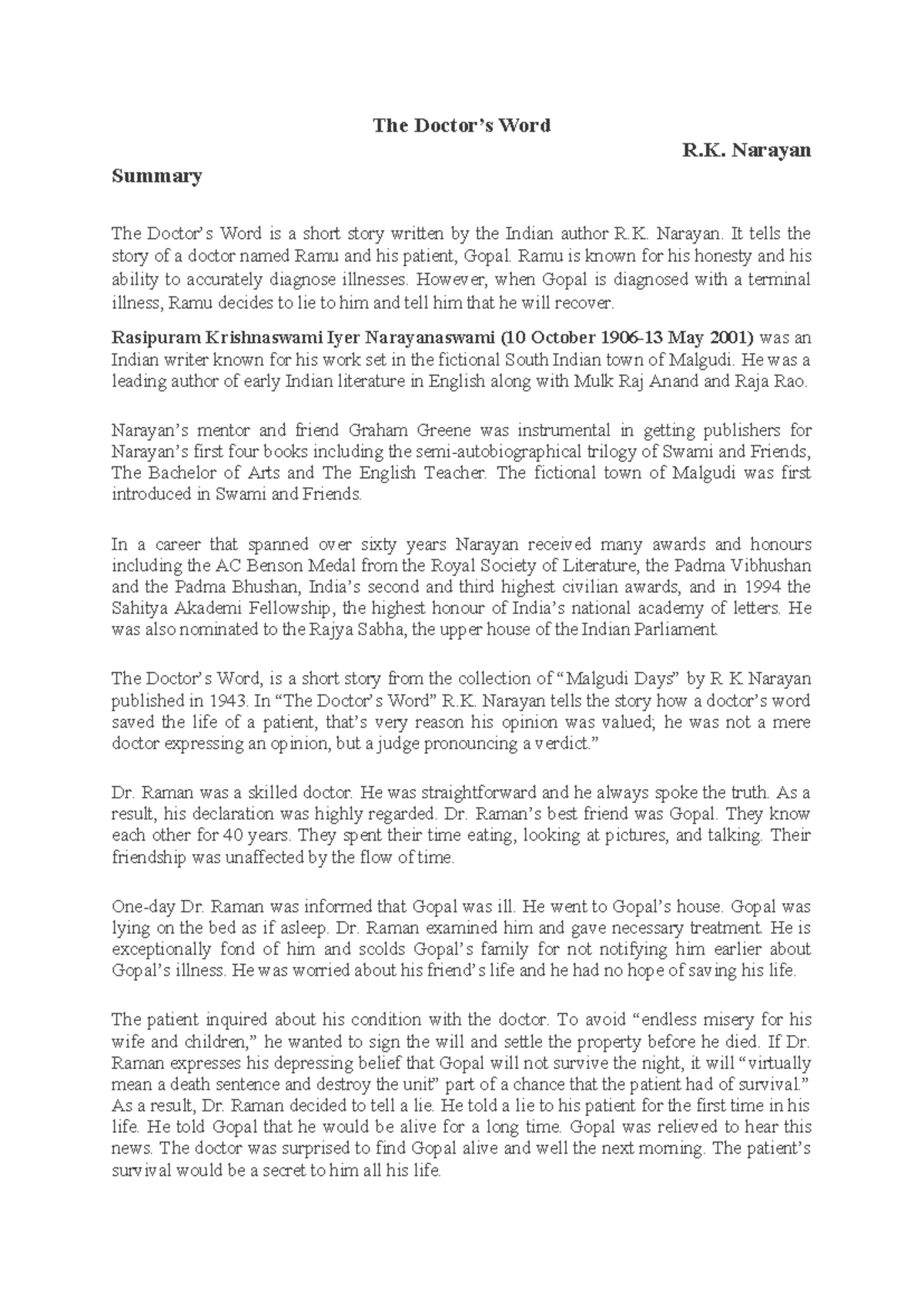 The Doctor's Word: A Summary of R.K. Narayan's Short Story - Studocu