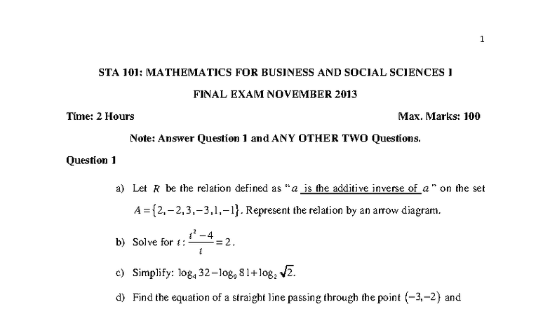 1 STA 101: MATHEMATICS FOR BUSINESS FINAL EXAM NOV 2013 - Studocu