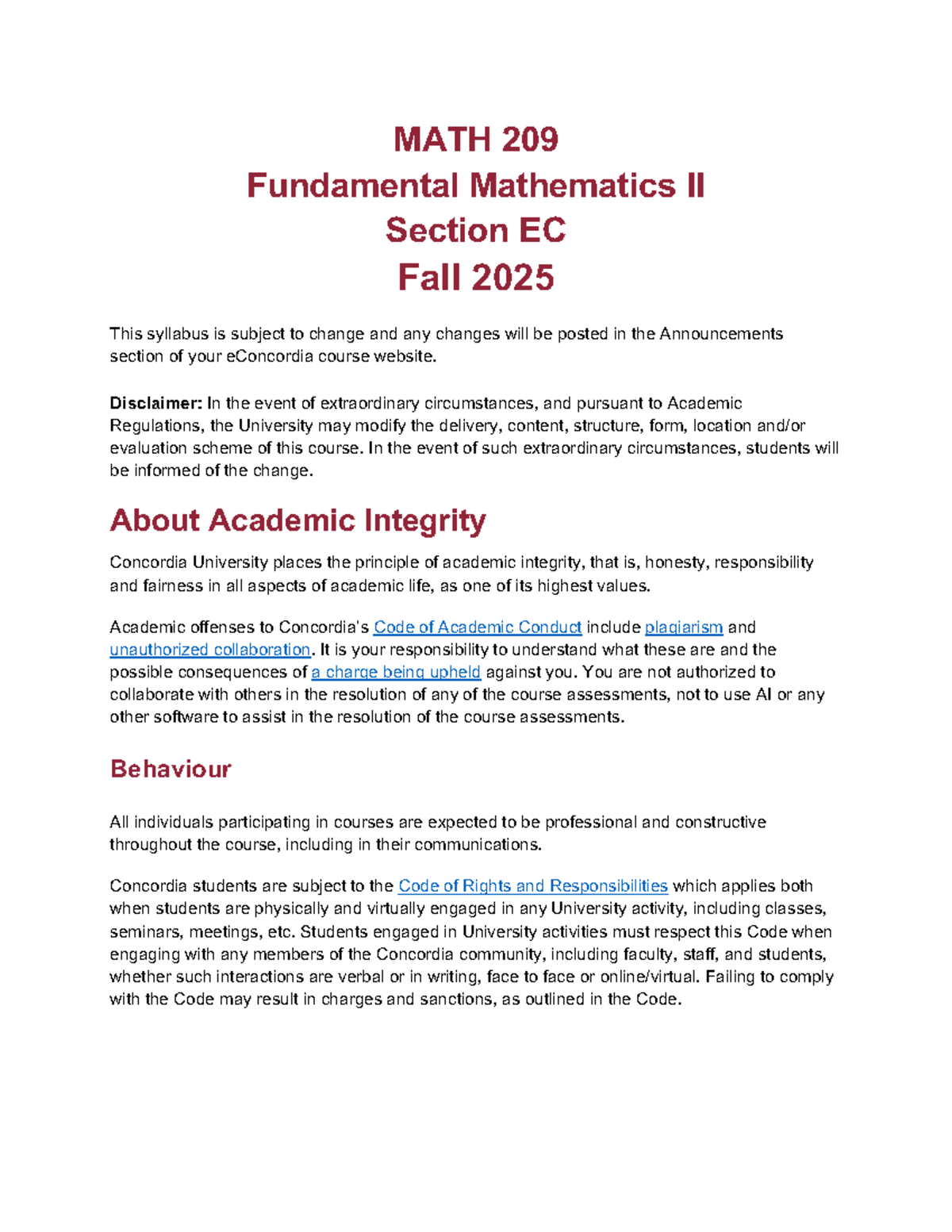 MATH 209 Business Calculus Course Outline Fall 2025 - Studocu