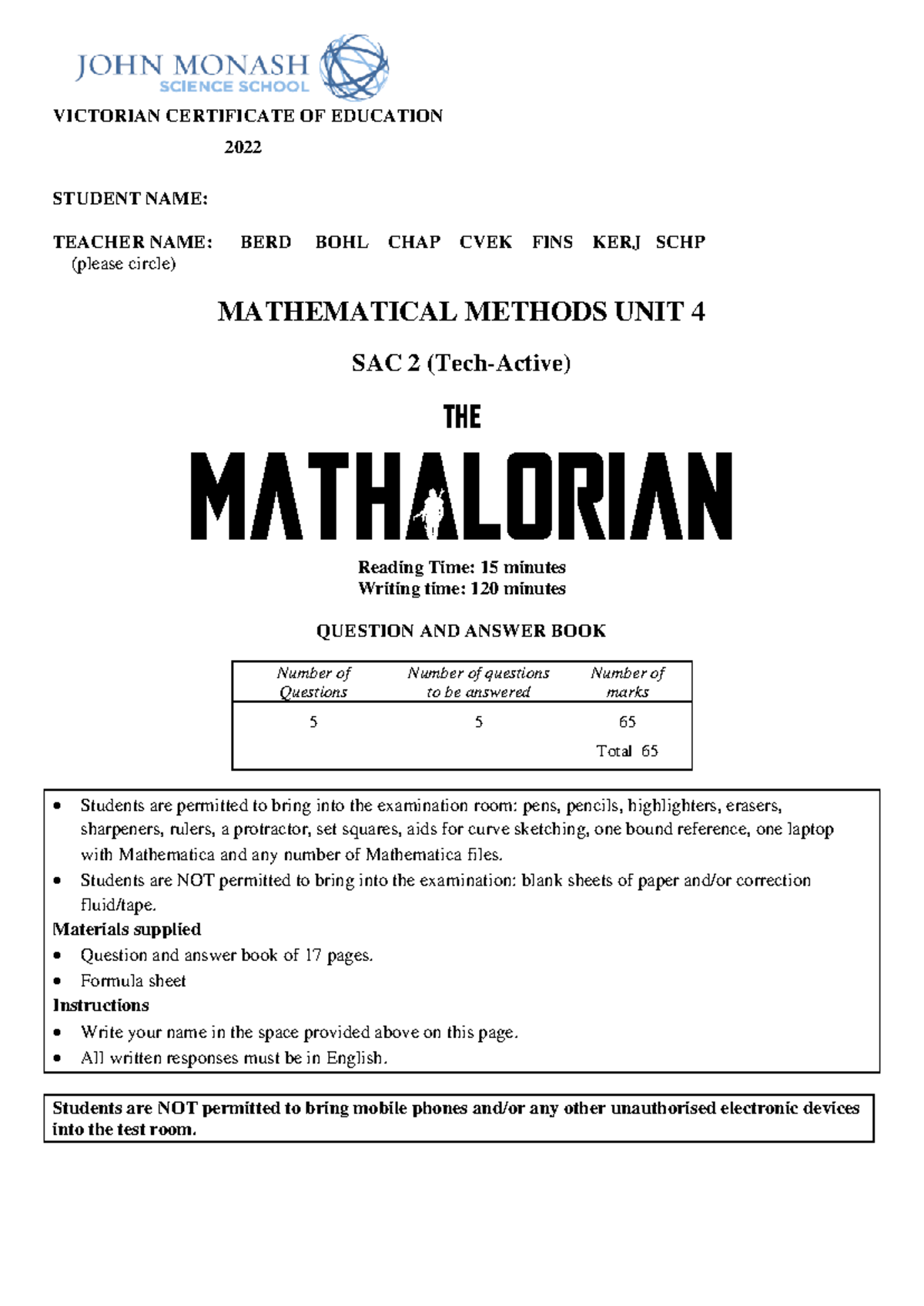 2022 MATHMETH SAC 2 - Mathematical Methods Exam Questions and Answers ...