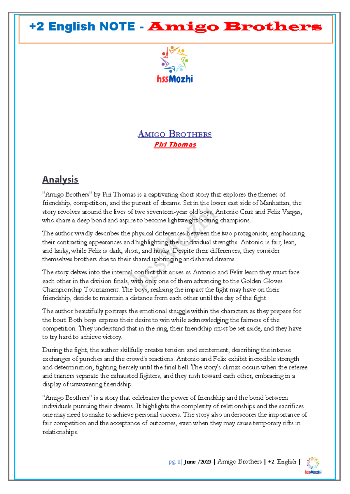 Amigo Brothers (ENG 101) Analysis: Friendship, Competition, and Dreams ...