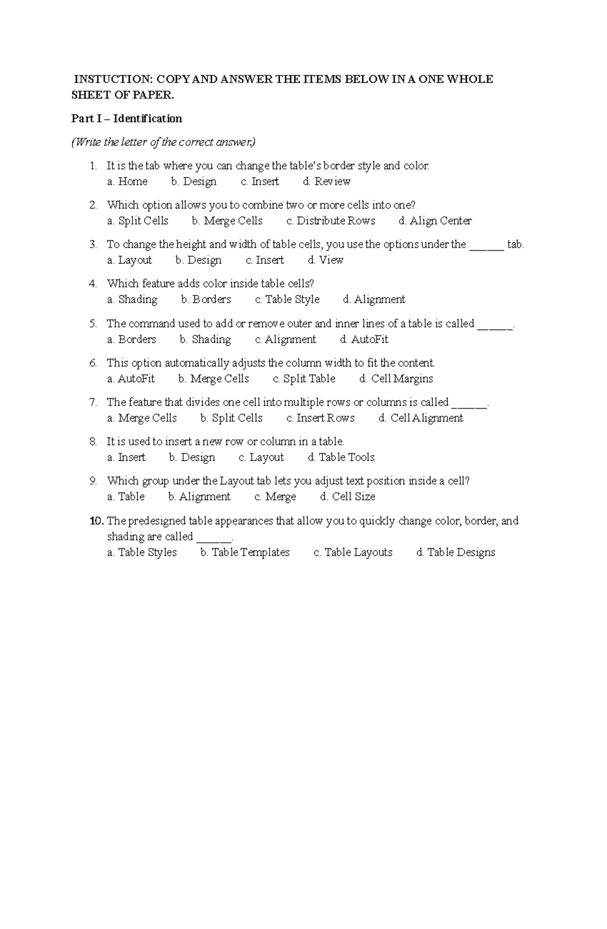 Activity 3: Table Formatting Quiz - INSTUCTION Module - Studocu