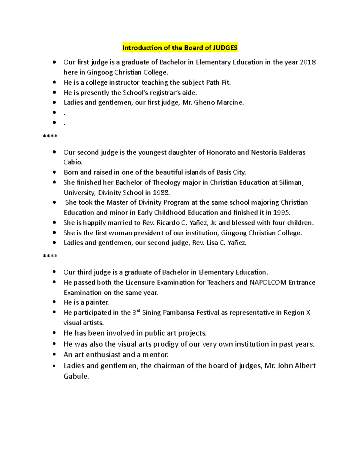 Board of Judges for Art Day Event at Gingoog Christian College - Studocu