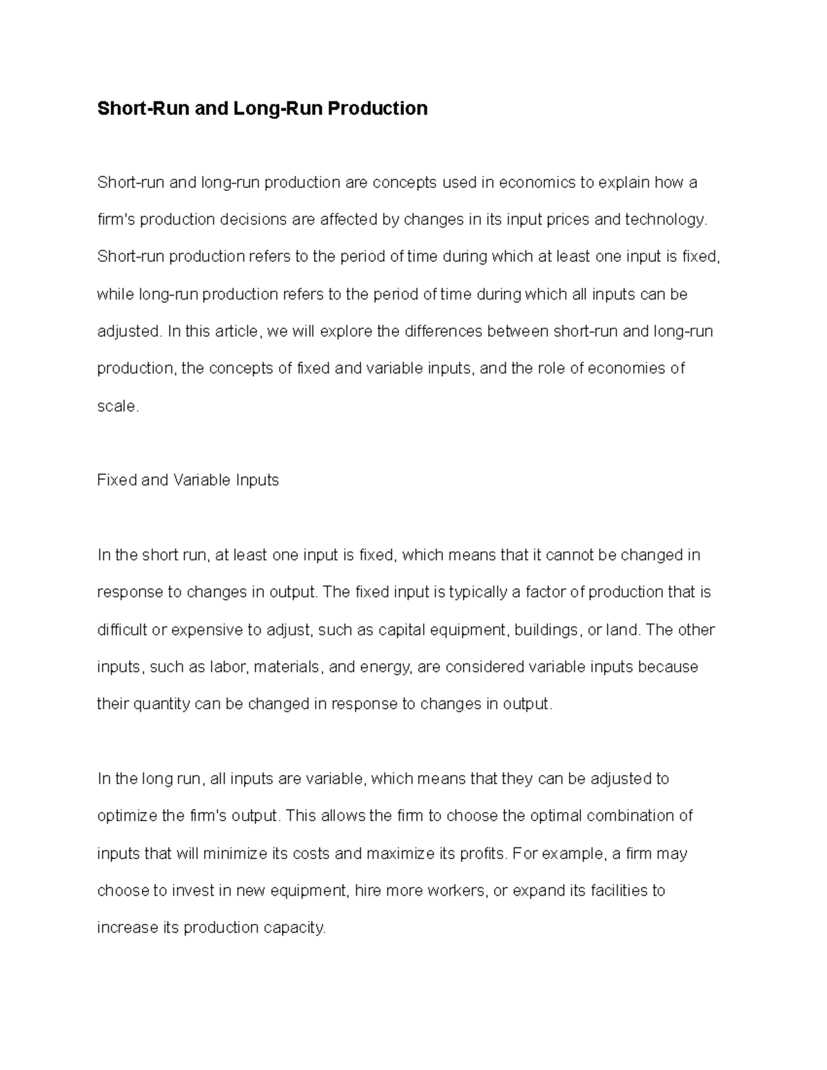 Short-Run vs Long-Run Production: Key Economic Concepts Explained - Studocu