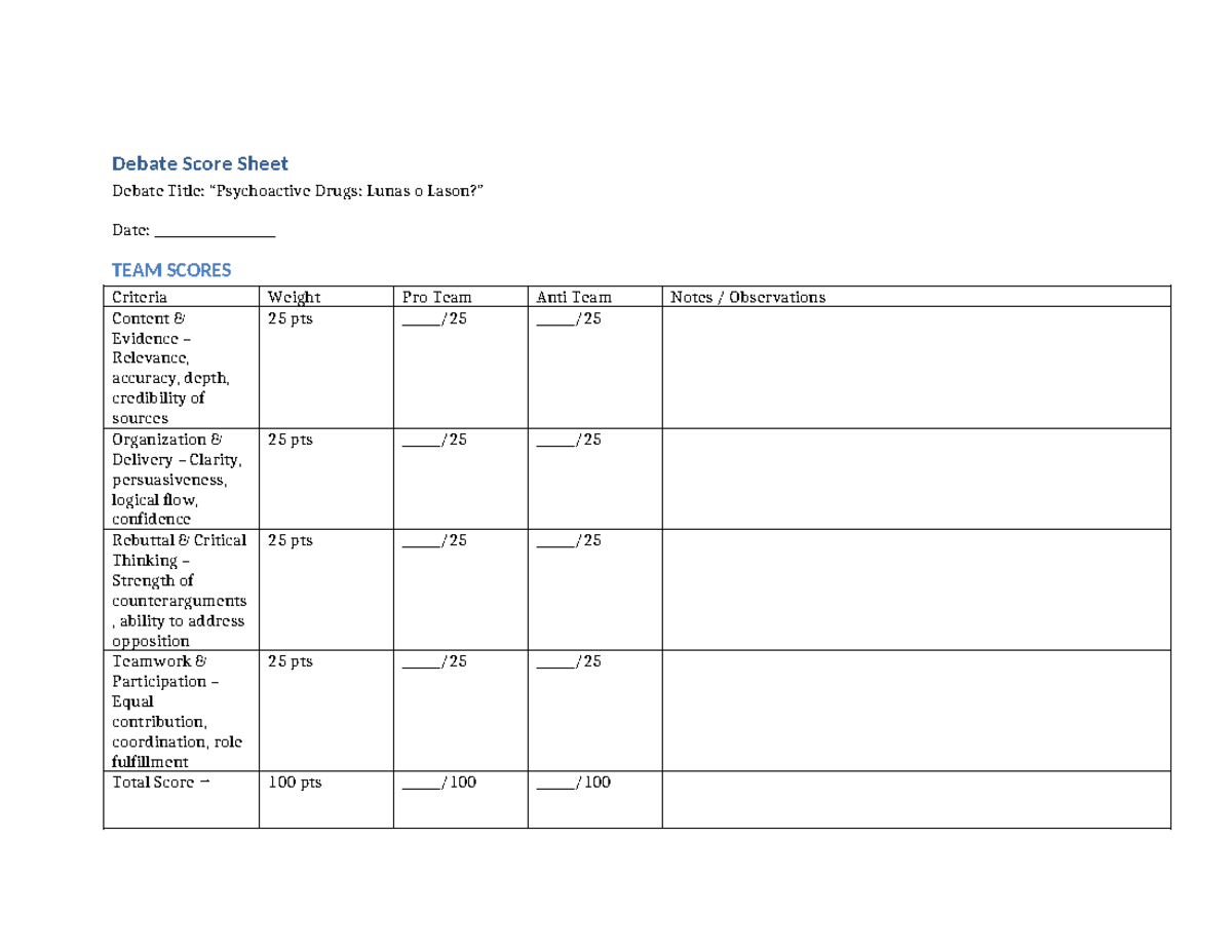 Debate Score Sheet: Drugs - Lunas o Date Evaluation - Studocu