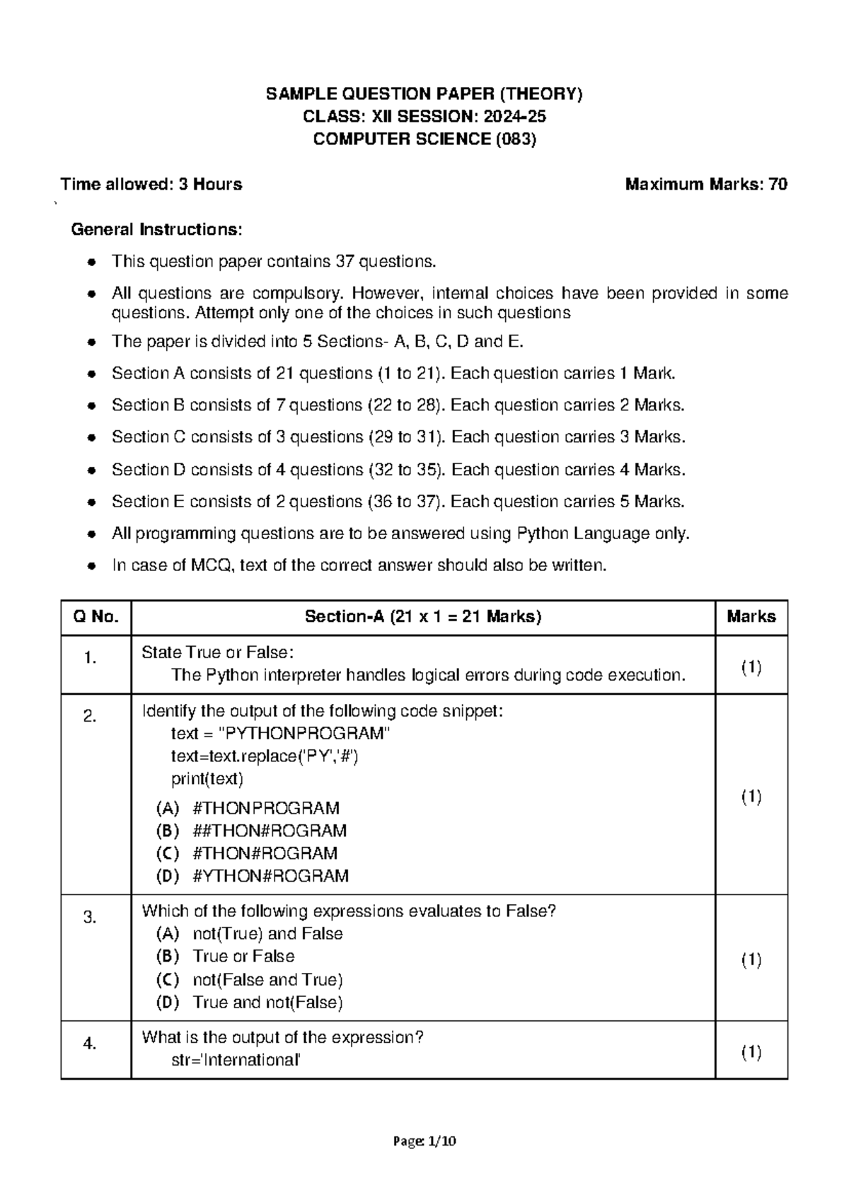 CBSE Class 12 Computer Science Sample Question Paper (083) 2024-25 ...