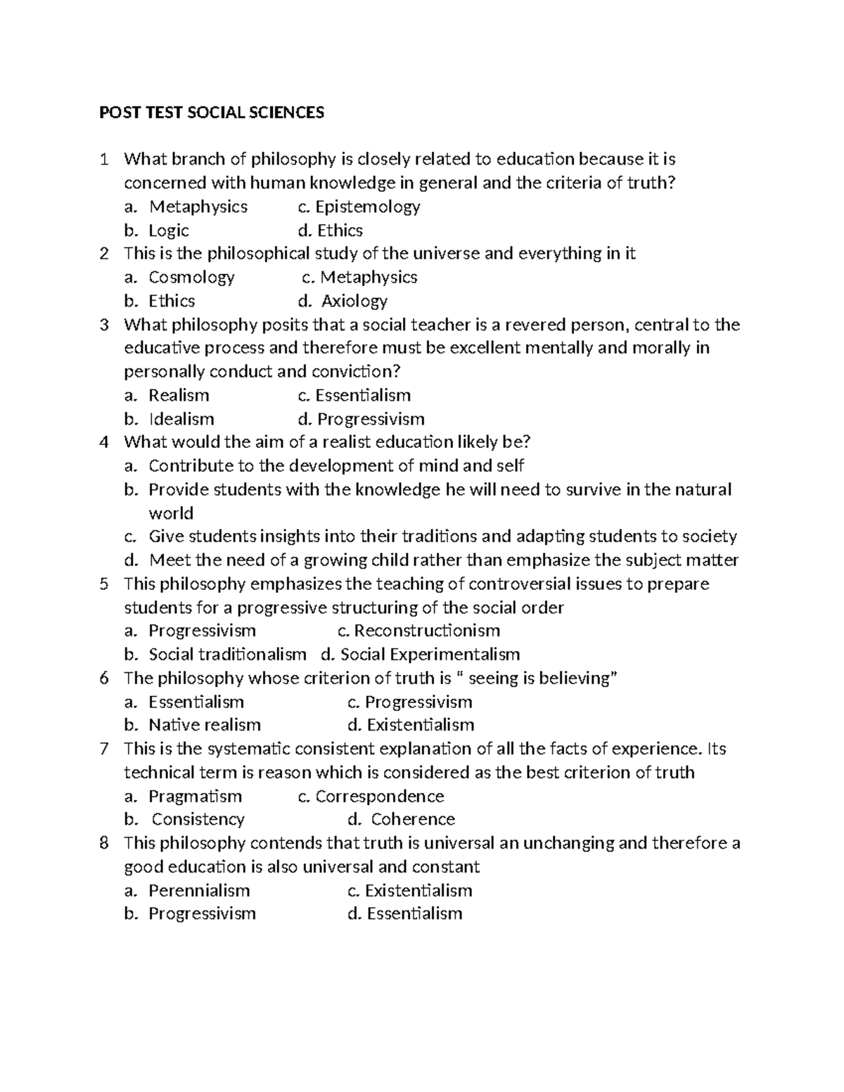LET-GEN-ED-Social Science Post-Test: 100 Questions & Answers - Studocu