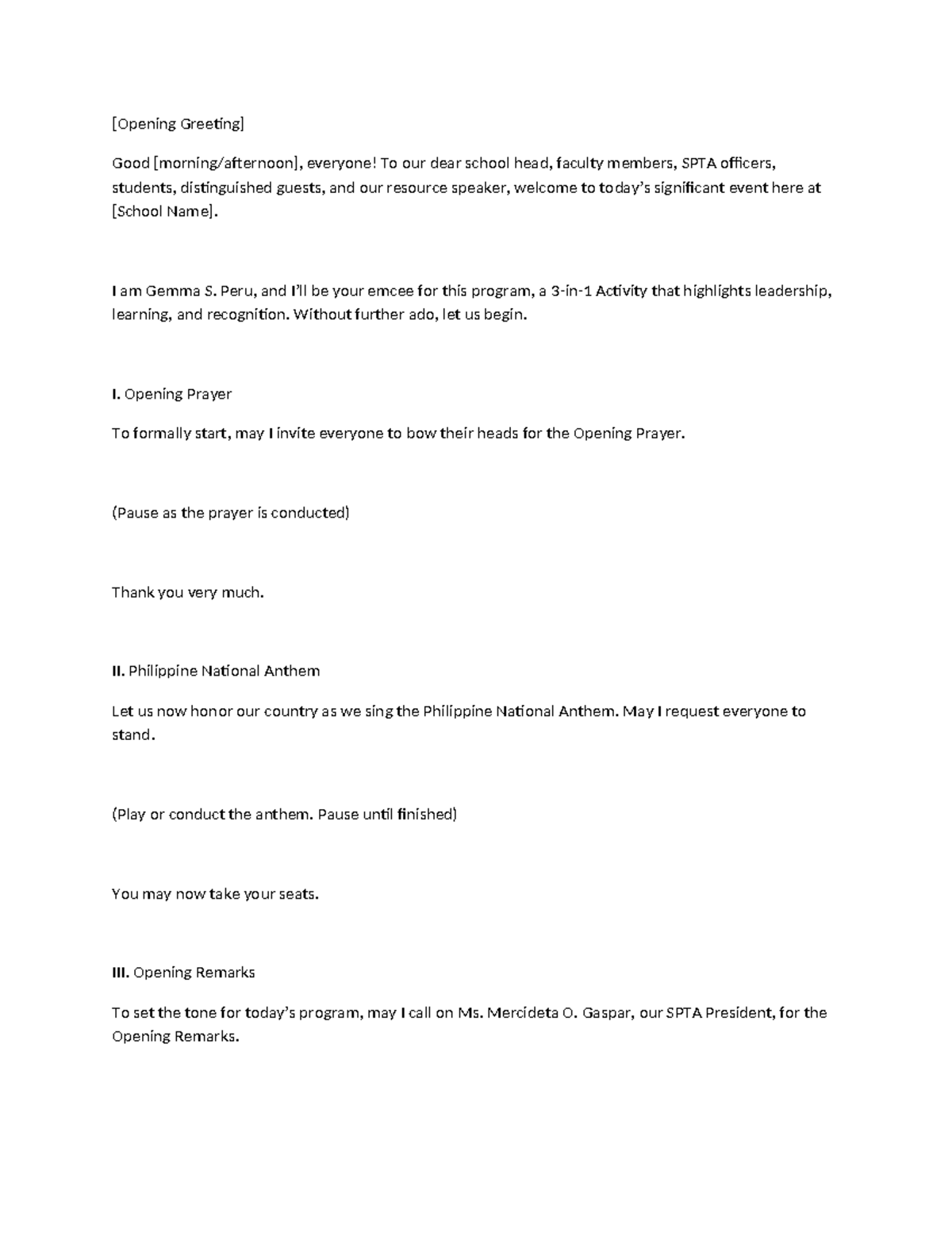 Emcee Script for Family Day: Rights & Safety Theme - Studocu