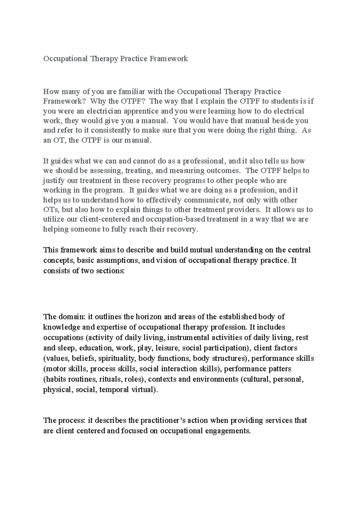 OTPF Overview: Understanding the Occupational Therapy Practice ...