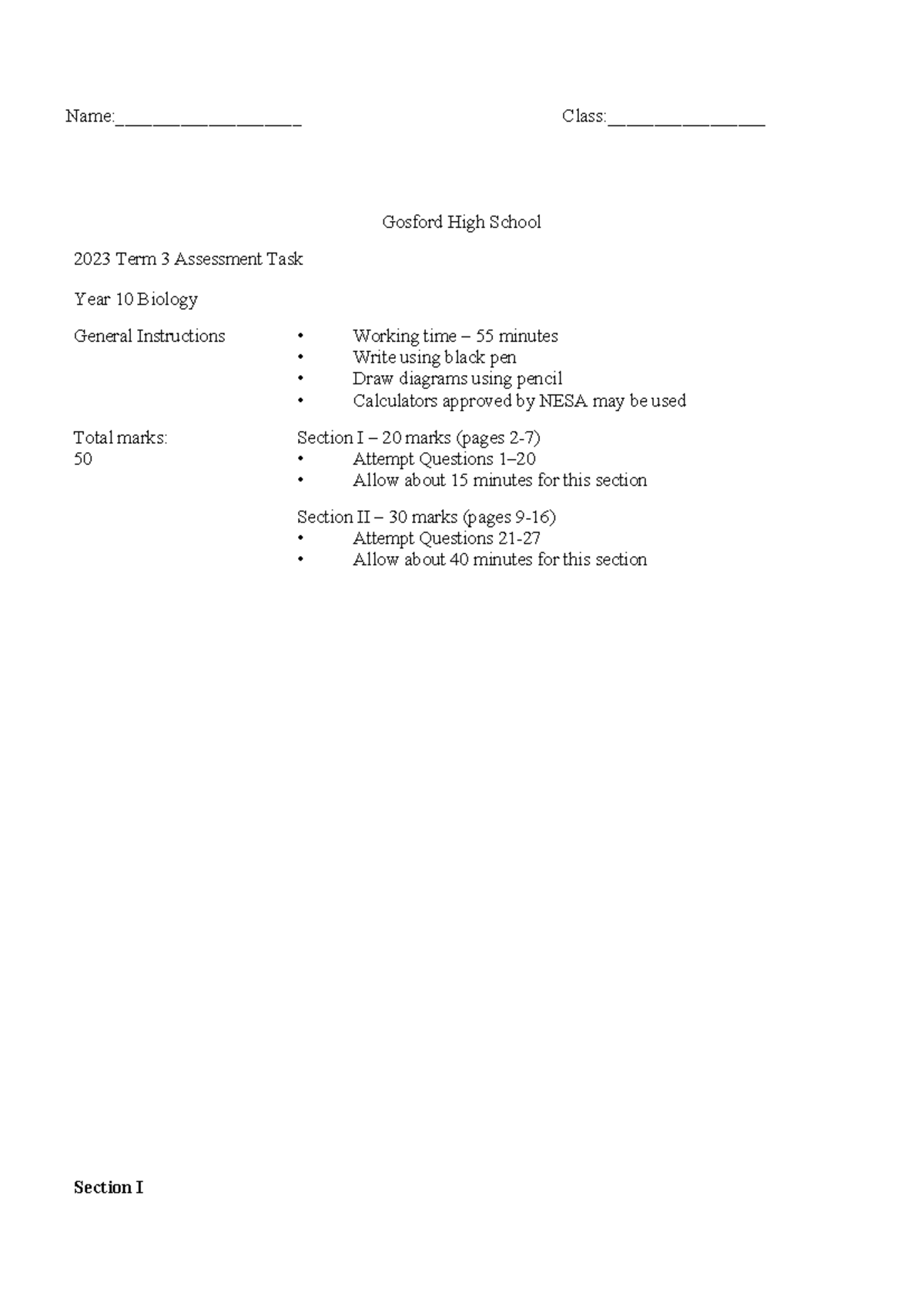 Y10 Biology Term 3 Final Exam 2023 - Assessment Task - Studocu