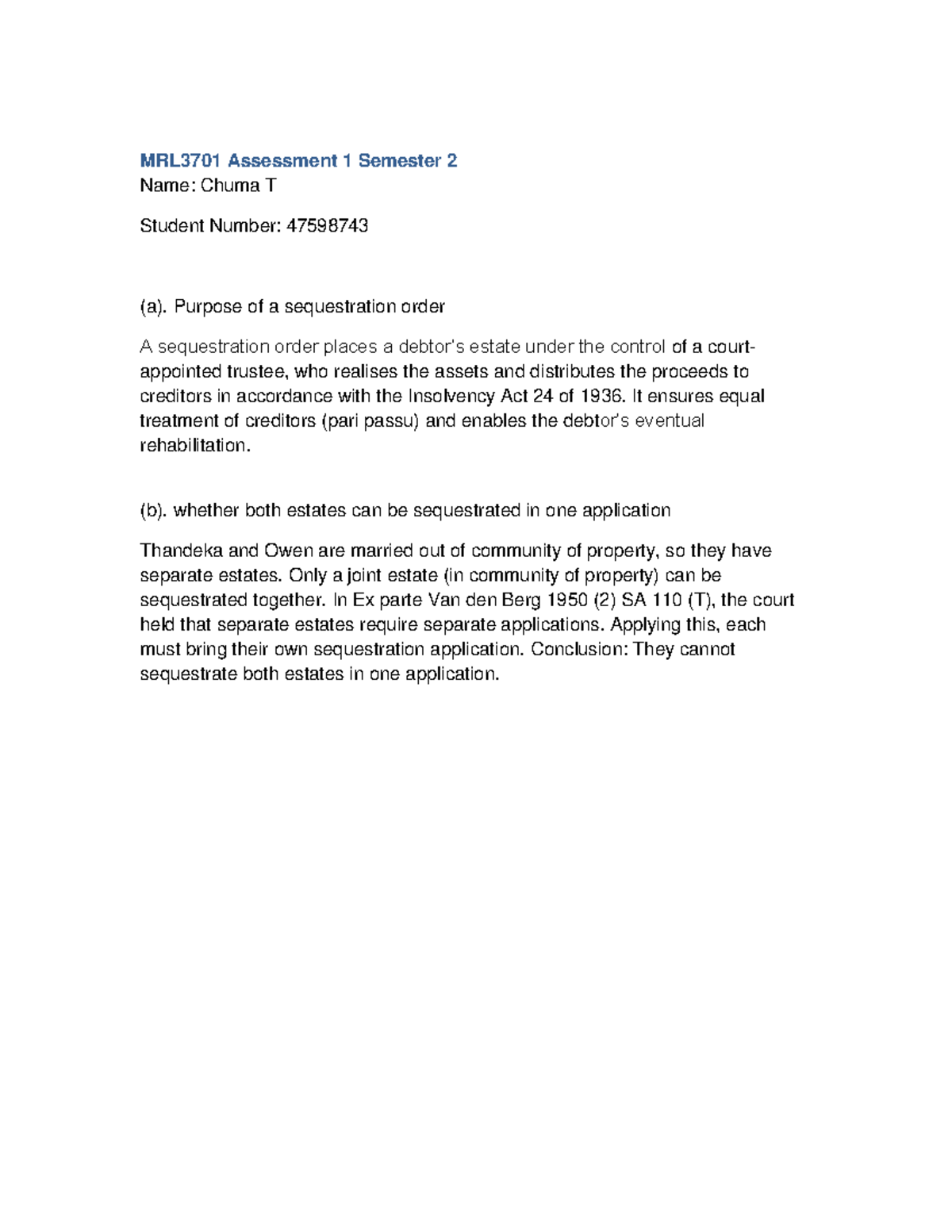 MRL3701 Assignment 1: Sequestration Orders Explained - Studocu