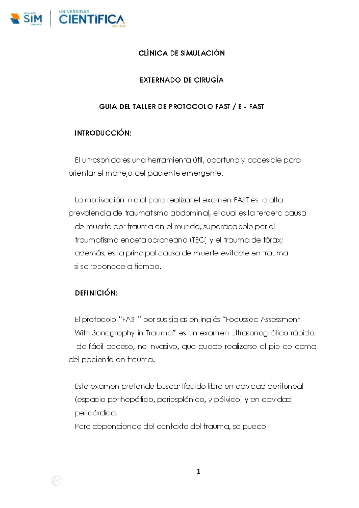 Taller de Protocolo FAST E FAST - Guía de Simulación Clínica - Studocu