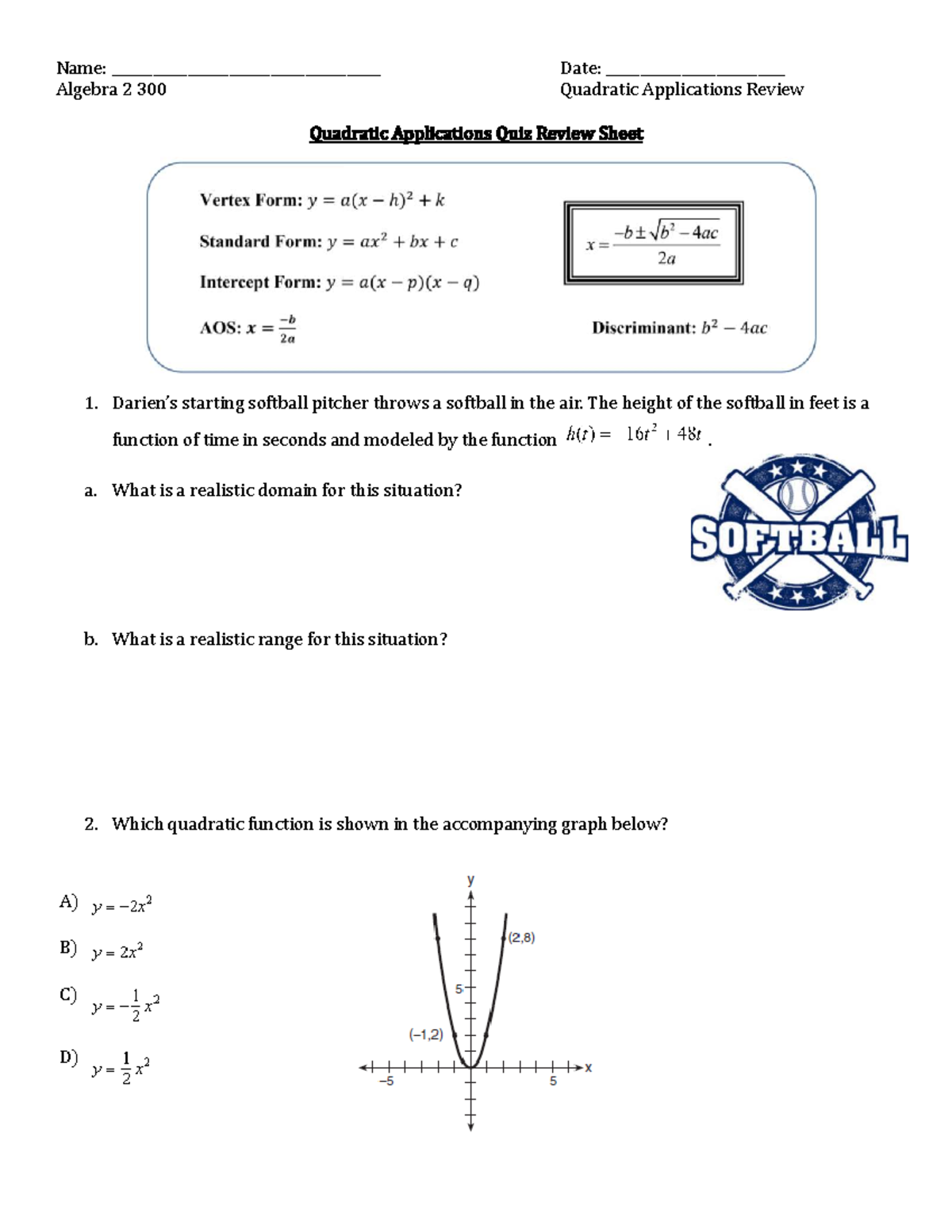 Algebra 2 300: Quadratic Applications Quiz Review Sheet - Studocu