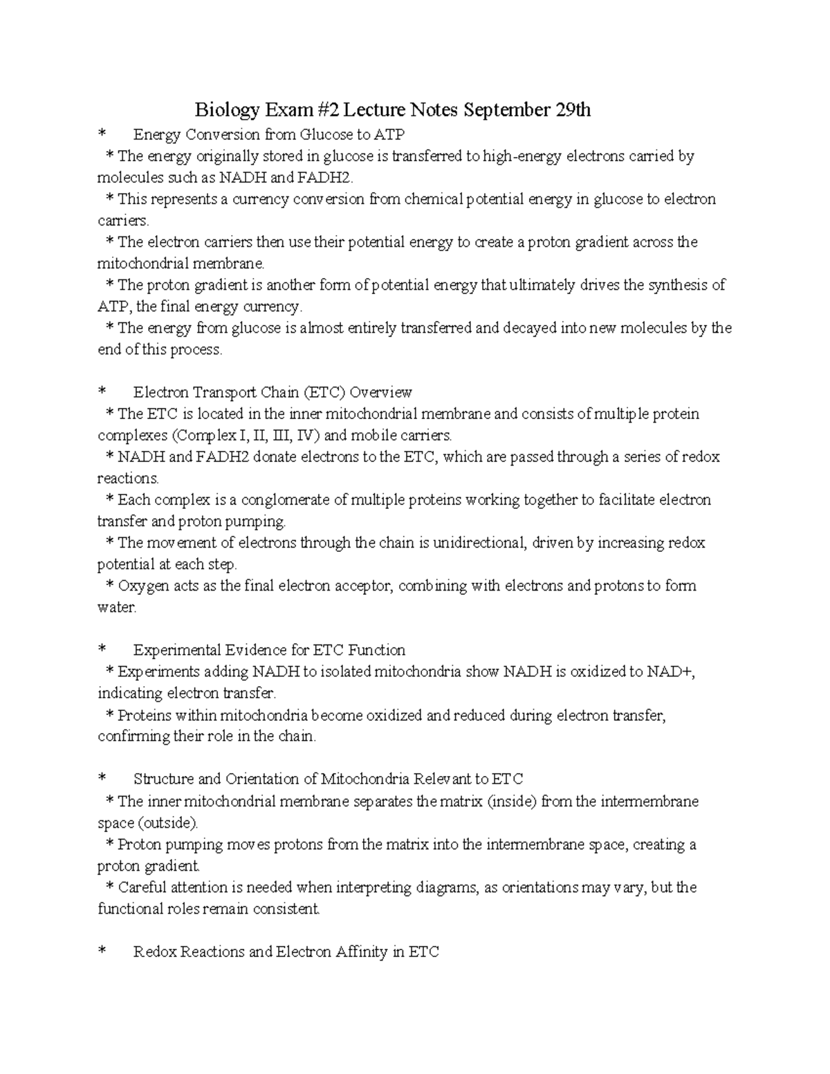 Biology 101 Final Exam Lecture Notes: Electron Transport Chain Overview ...