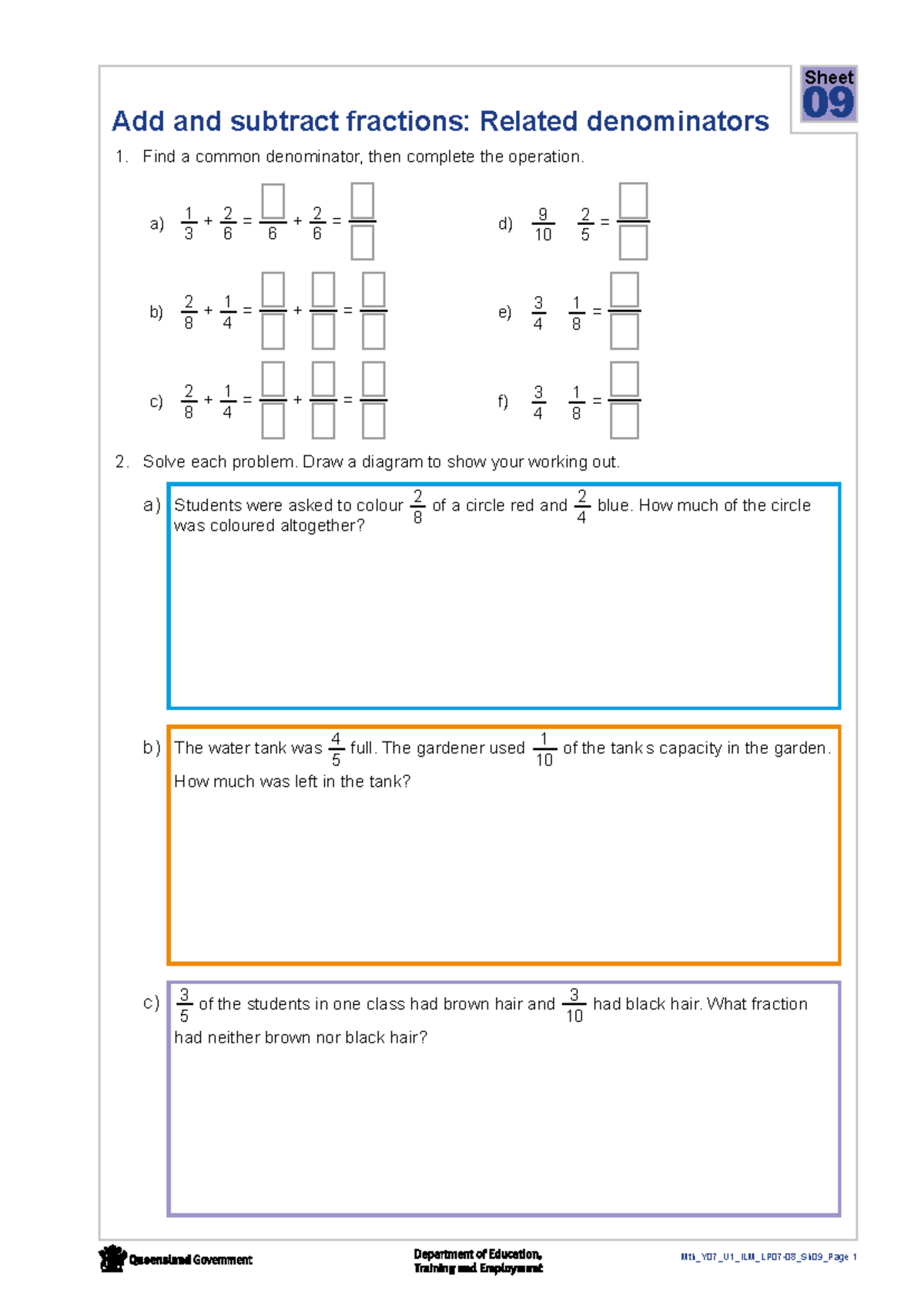 Fraction Review 1 - Practice: Adding & Subtracting Related Denominators ...