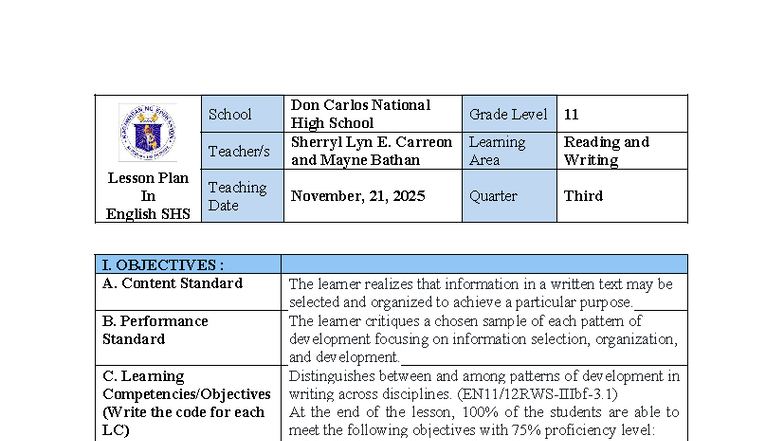 SHS Lesson Plan: Engaging Students in Narrative Writing - Studocu