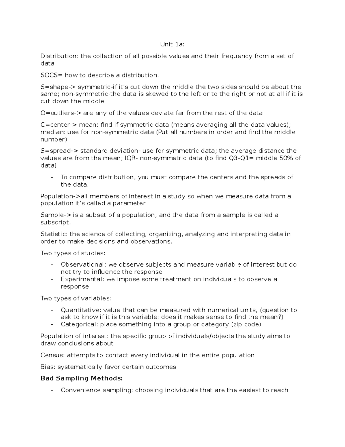 Unit 1a: Understanding Data Distribution and Sampling Methods - Studocu