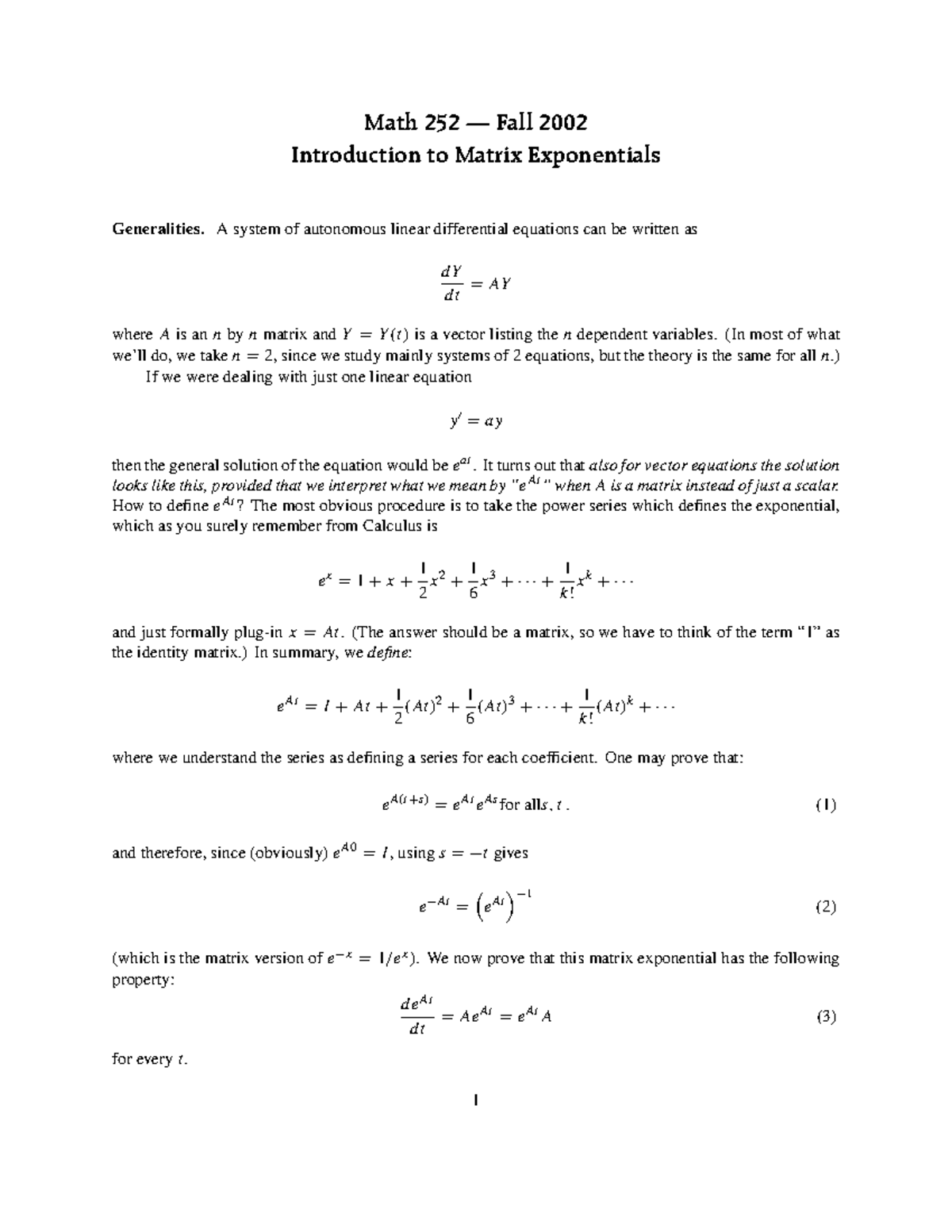 Math 252 - Matrix Exponentials: Lecture Notes on Control Systems - Studocu