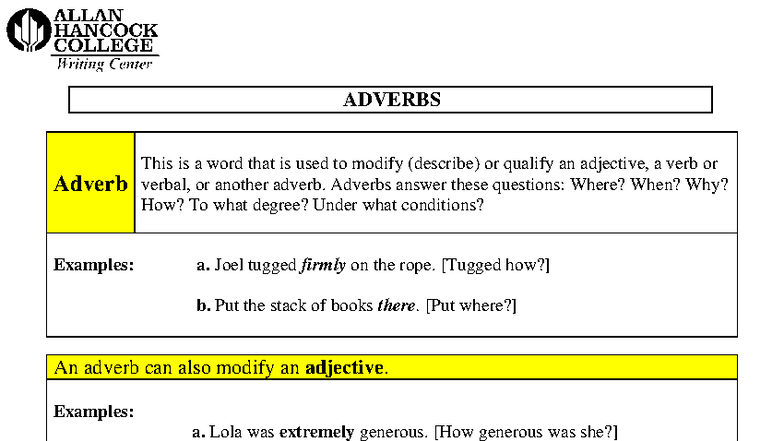 Adverbs-1: Comprehensive Guide to Adverb Usage and Examples - Studocu