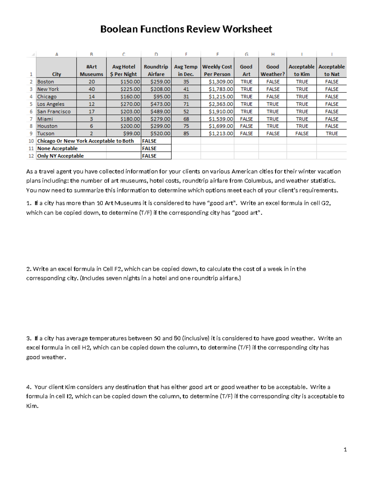 Boolean Functions Review Worksheet - SP23: Excel Formulas Guide - Studocu