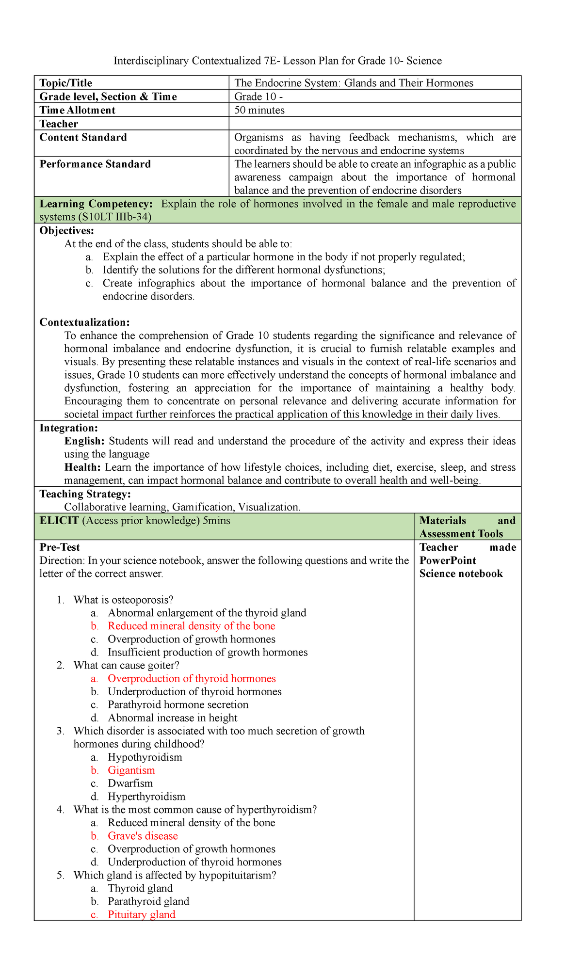 Lesson plan on endocrine dysfunction for Grade 10 science (LP 7CG ...